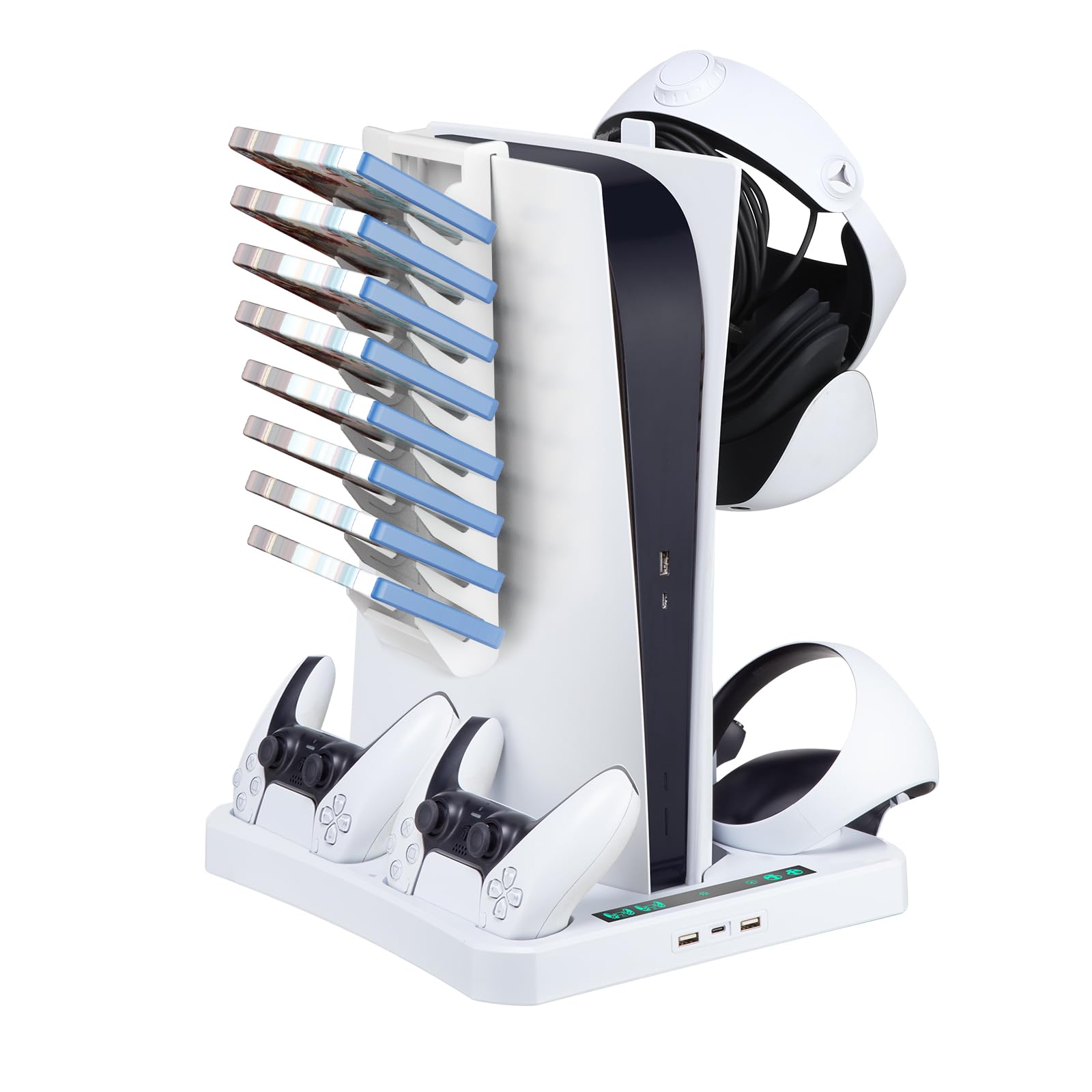 PS-5 Accessories Cooling Station, PSVR2 Charging Station for P5 Controller & PSVR 2, Play-station VR2 Headset Headphones Holder,8 Game Racks Storage,PS-5 Vertical Stand with Cooling Fan