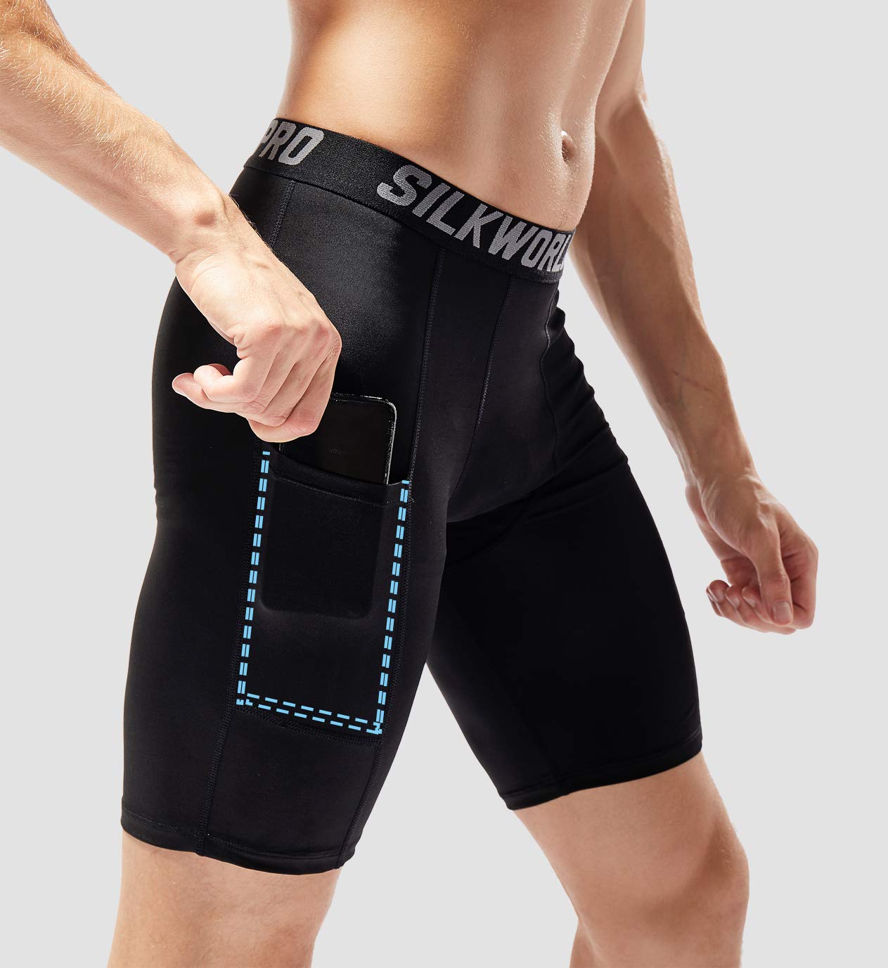 SILKWORLD Men's Compression Shorts Pockets Sports Running Tight (X-Large, Black/(Pack of 1))