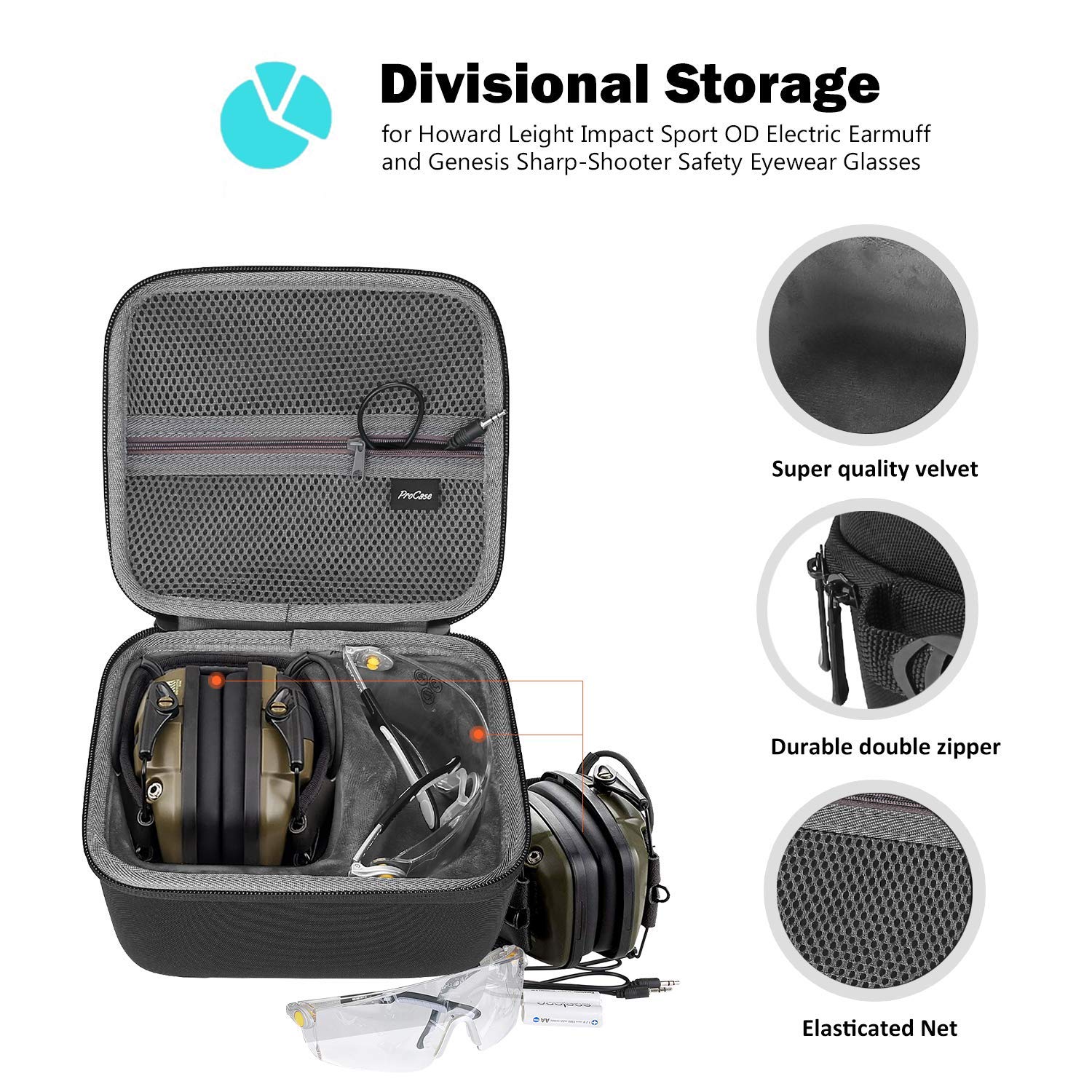 ProCase Hard Carrying Case for Howard Leight Impact Sport Electronic Earmuff and Genesis Sharp-Shooter Safety Eyewear Glasses, Shooting Eye and Ear Protection Case -Black