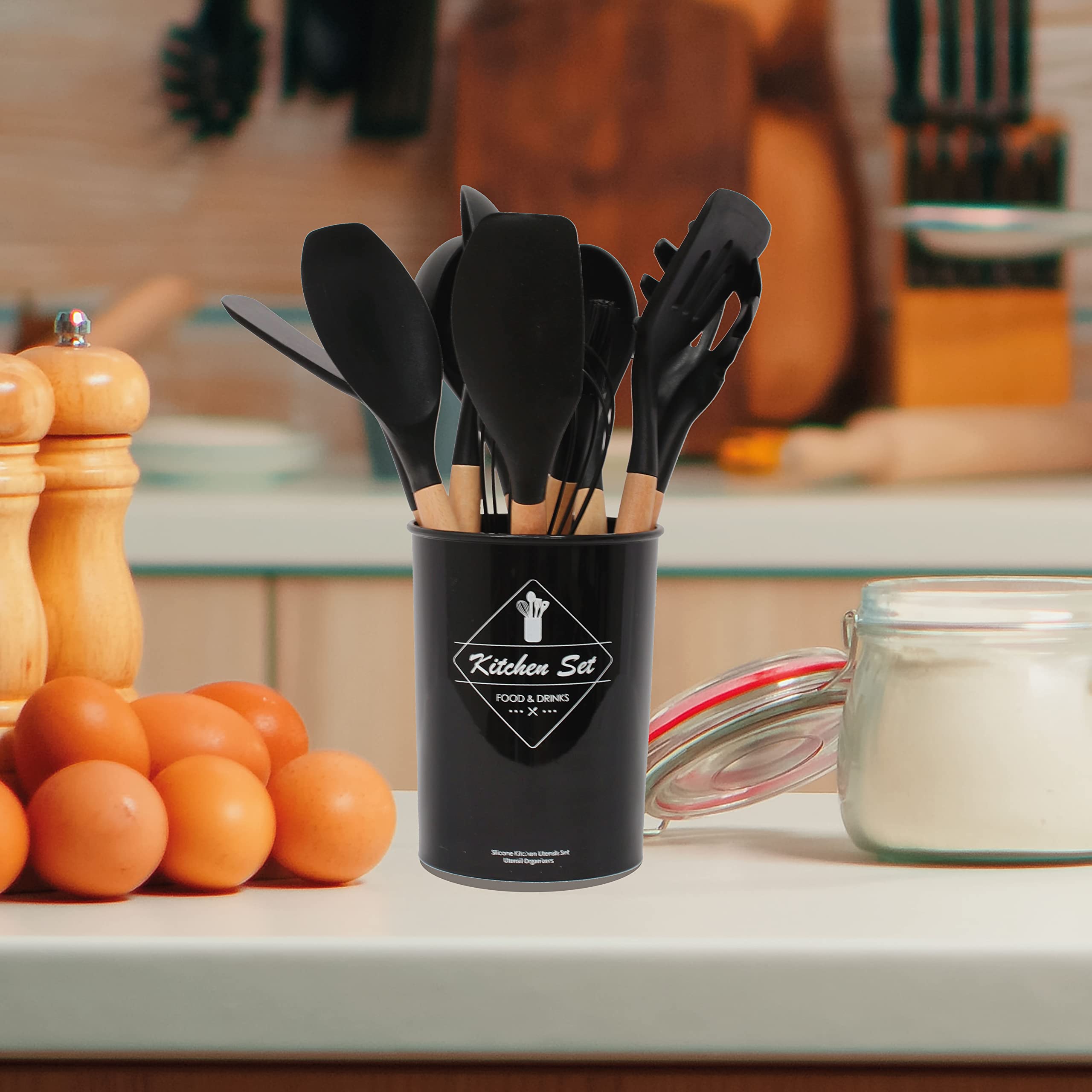 Premium 35-Piece Food Grade Silicone Kitchen Utensils Set | Nonstick Cooking Tools with Free Silicone Handles | Stylish Black Cookware Collection | BPA Free- Black