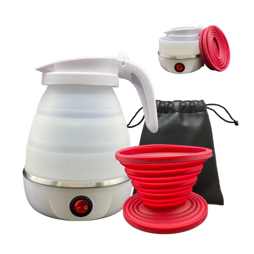 Portable collapsible electric kettle, small travel foldable BPA free fast water boiling tea kettle, dual voltage, 600ml with collapsible pour over coffee dripper and waterproof storage bag