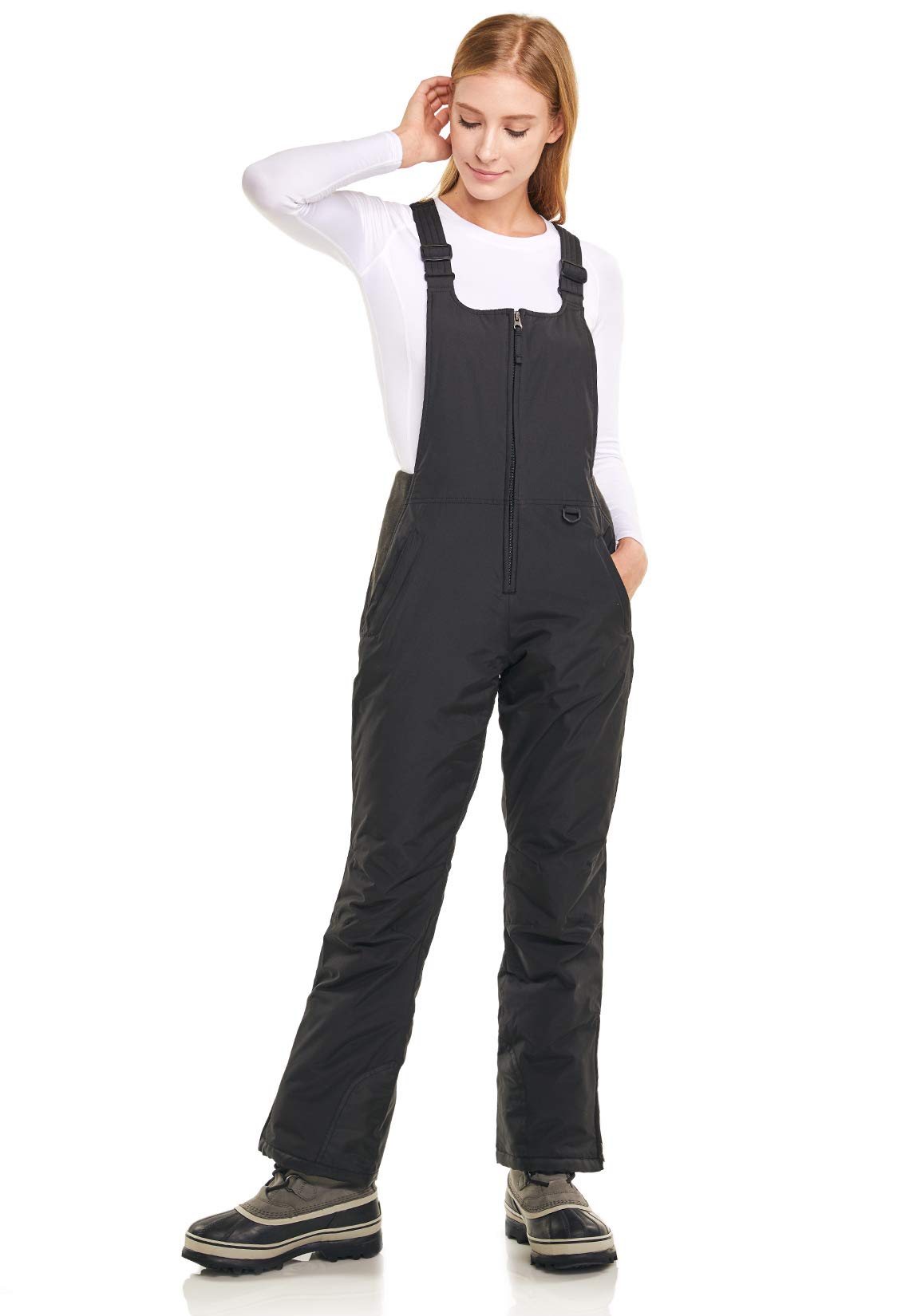 TSLA Women's Winter Snow Bibs, Waterproof Insulated Snowboard Overalls, Ripstop Ski Pants, Winter Snow Bib Black, Medium Short