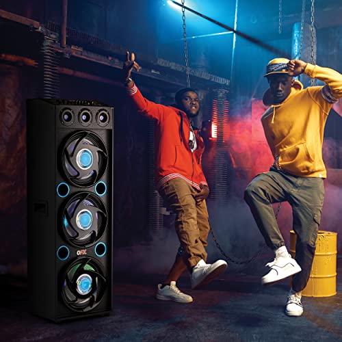 QFX SBX-412300BT TWS Bluetooth Triple 12β Woofer Triple 1β Tweeter Recording High-Performance PA Cabinet Speaker with 10-Band Graphic EQ, 2 Microphone Inputs, Guitar Input, and AUX Input, Blue