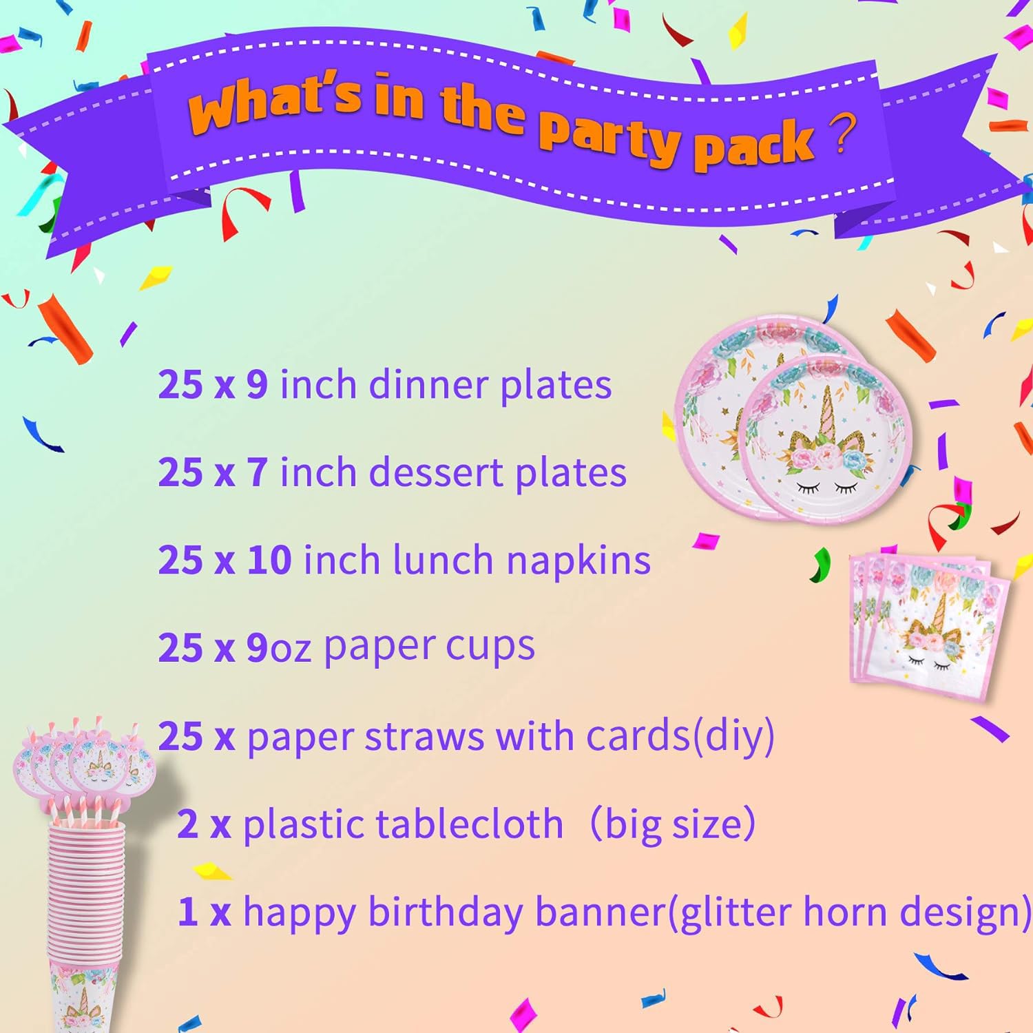 Rainbow Unico Party Supplies Set - Serves 25 - Including Unico Banner, Plates, Cups, Napkins, Straws and Tablecloths