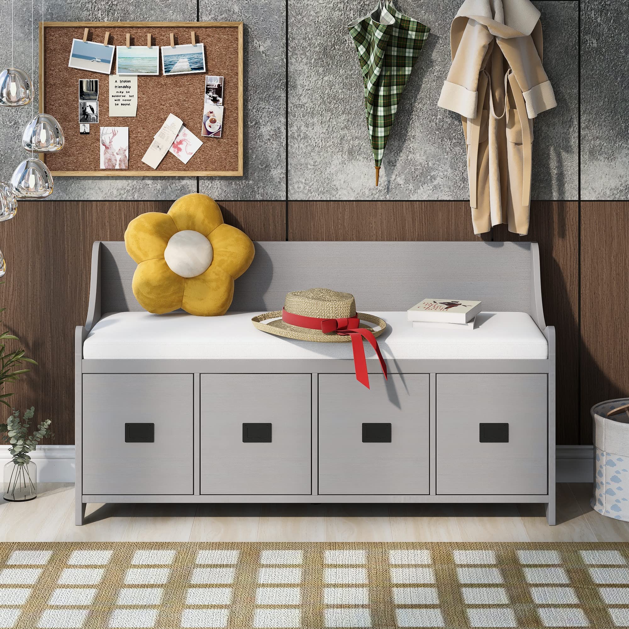Storage Bench Wooden Entryway Benches with Drawers, Movable Cushion and Backrest Multifunctional Storage Bench for Entryway, Foyer or a Mudroom (White)