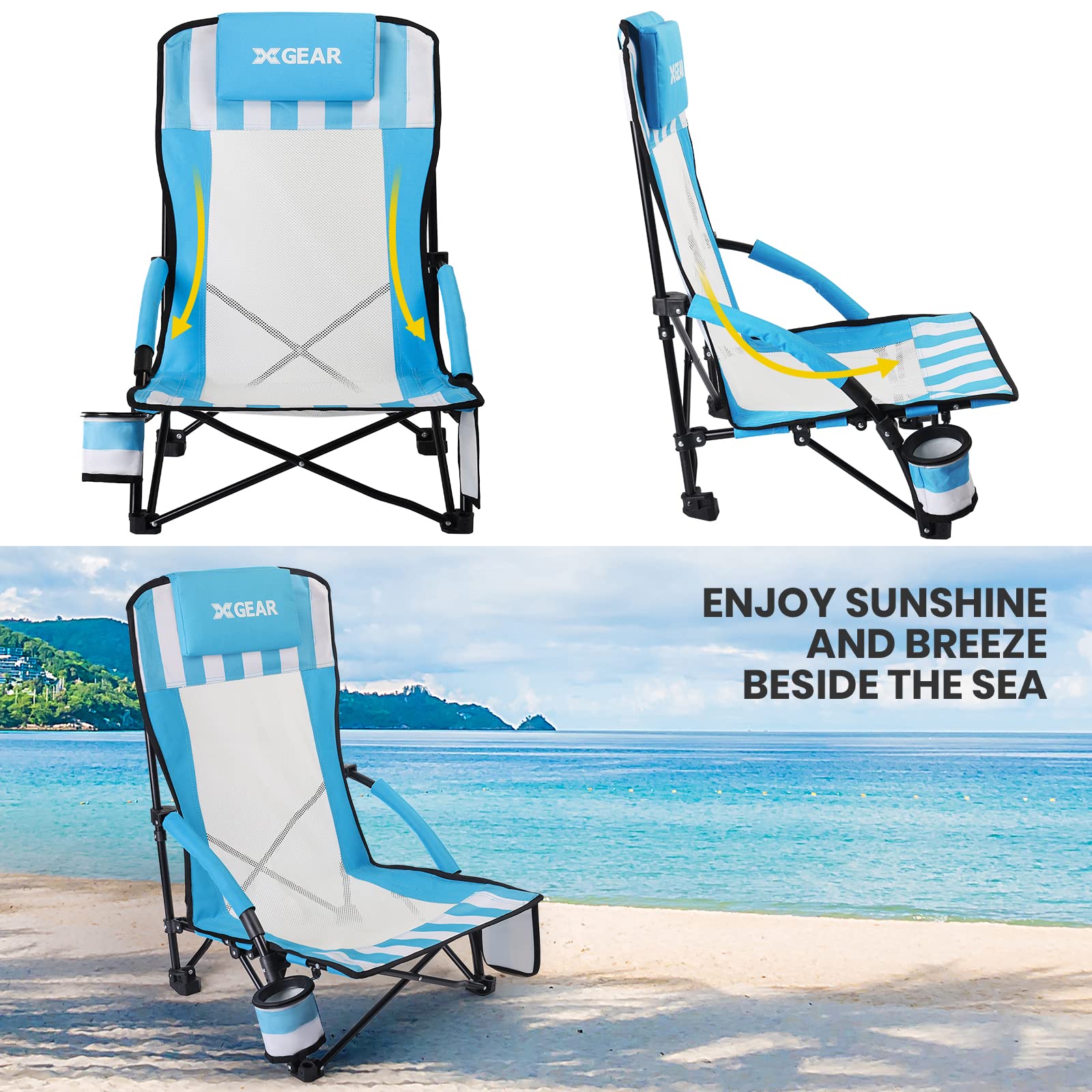 XGEAR Beach Chair Low Seat Beach Chair for Adults High Back Camping Chair with Cup Holder Blue & White