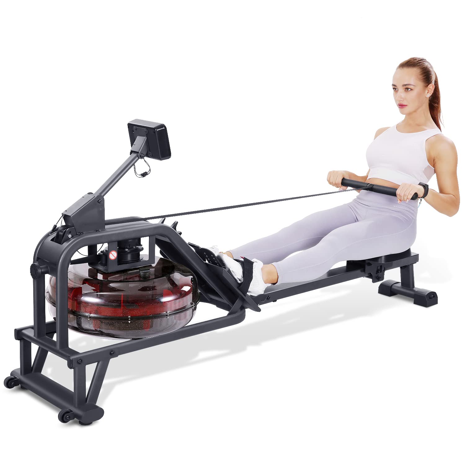 Water Rowing Machine for Home Use Adjustable LCD Monitor Water Rower Machine Foldable Rowing Exercise Equipment Whole Body Fitness Exercise Cardio Training with Phone Holder Large Seat Cushion