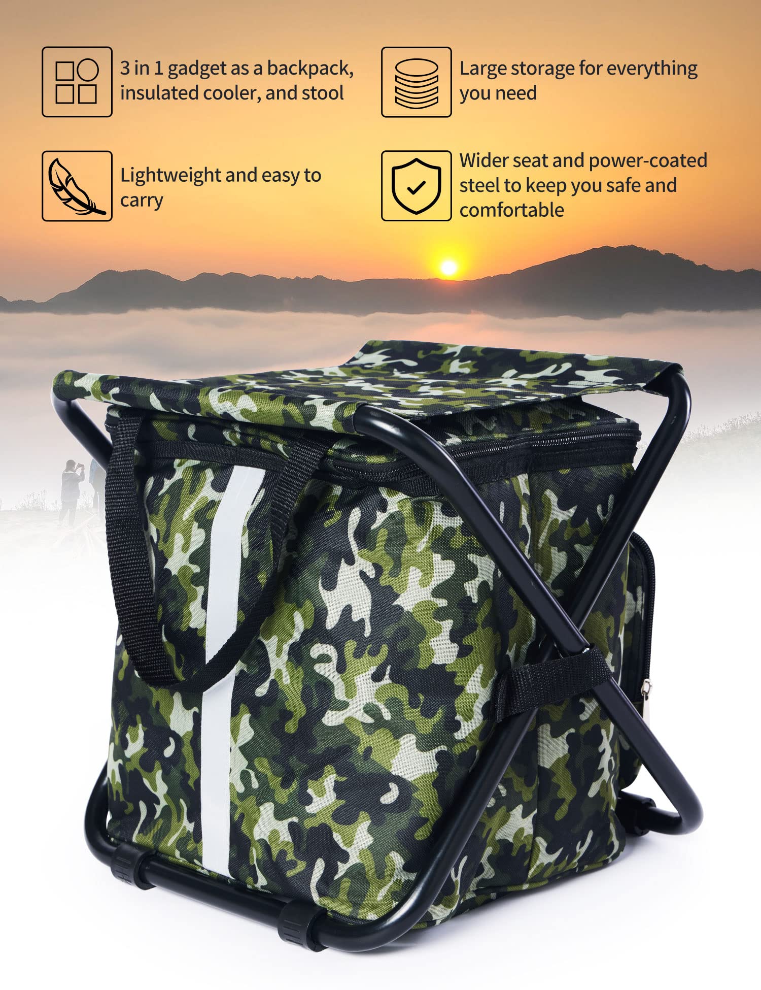 URBEST Fishing Chair Folding Portable Multi Functional Stool with Large Soft Sided Cooler Bag Camping Lawn Beach Camouflage