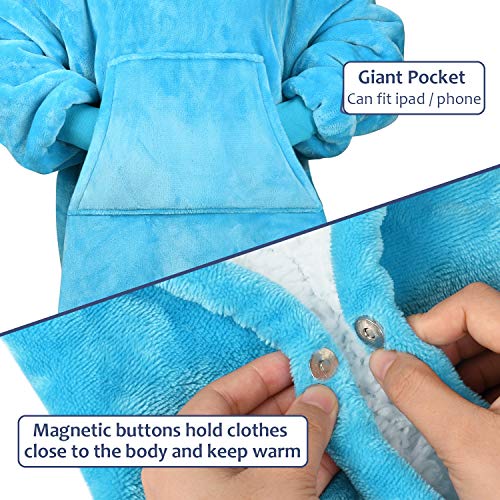 Solaris Wearable Blanket Hoodie for Kids - Warm Soft Gift, Oversized Cozy Sherpa Fleece Sweatshirt Pullover for Teens, Girls, Boys, Large Pocket, Light Blue