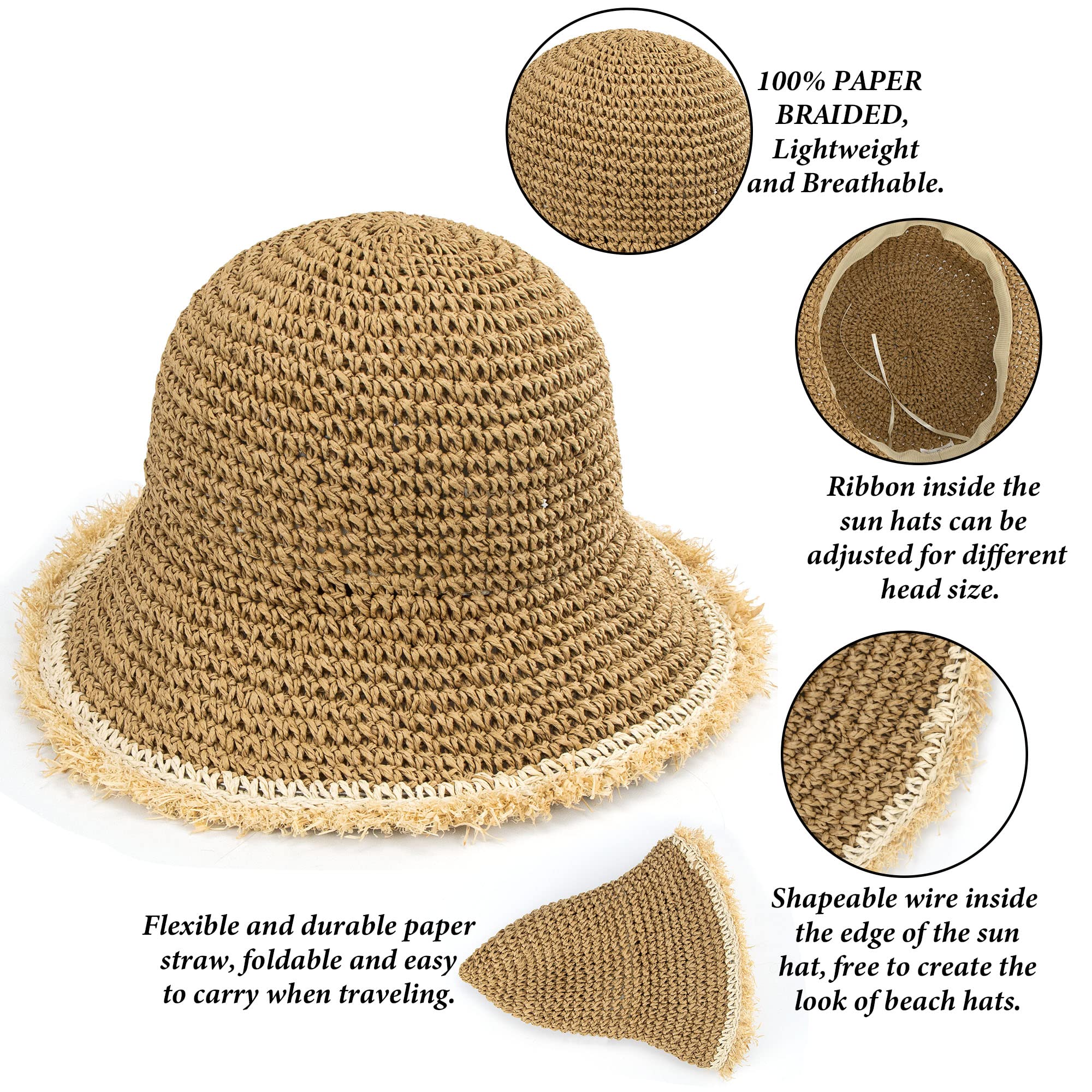Womens Summer Frayed Straw Bucket-Sun-Hats Floppy Wide Brim Beach Straw Bucket Hat (Large/60cm) Khaki
