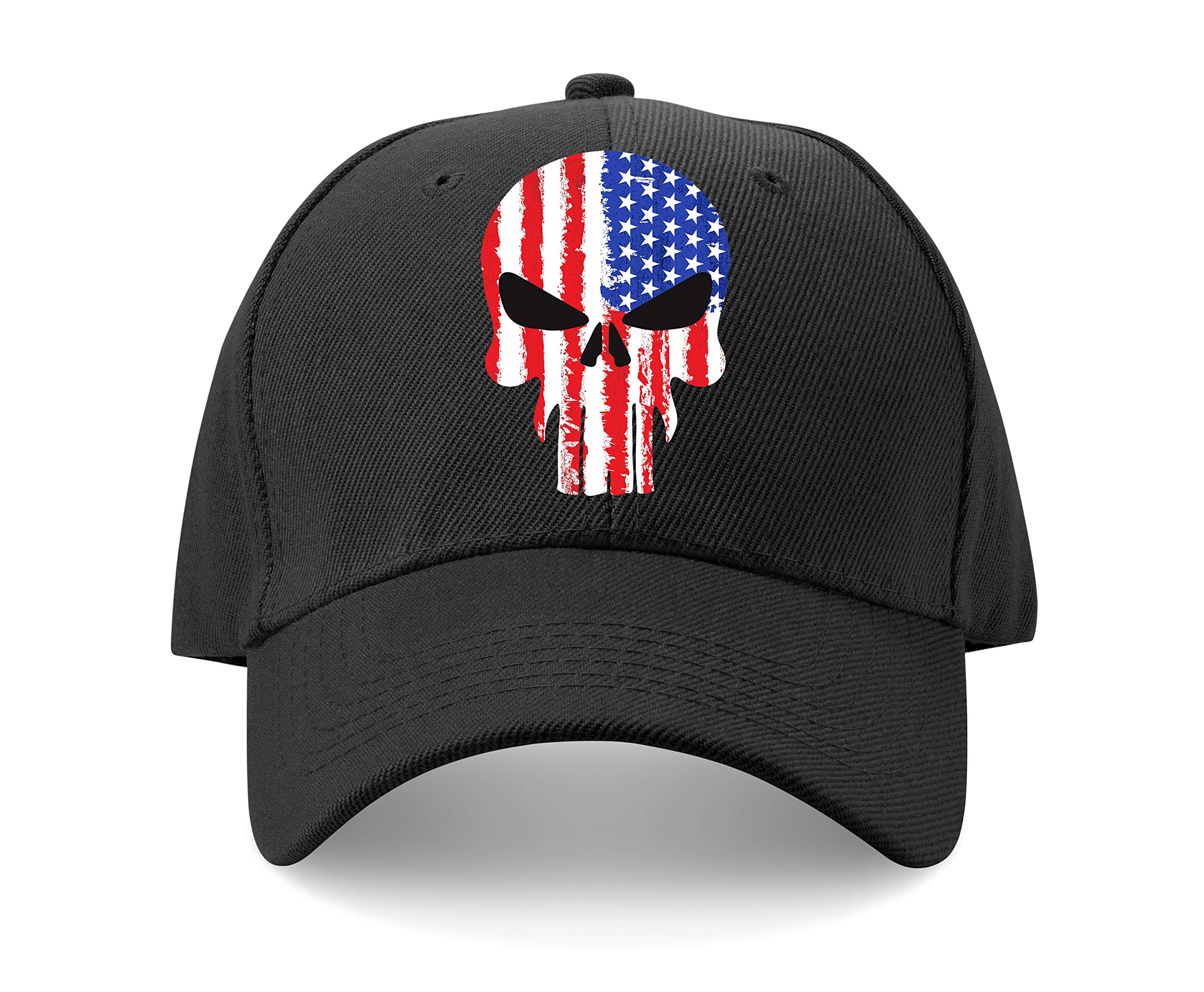 OneWayTshirts USA Military American Skull Flag Patriotic Mens Hat American Flag Adjustable Hat (Black)