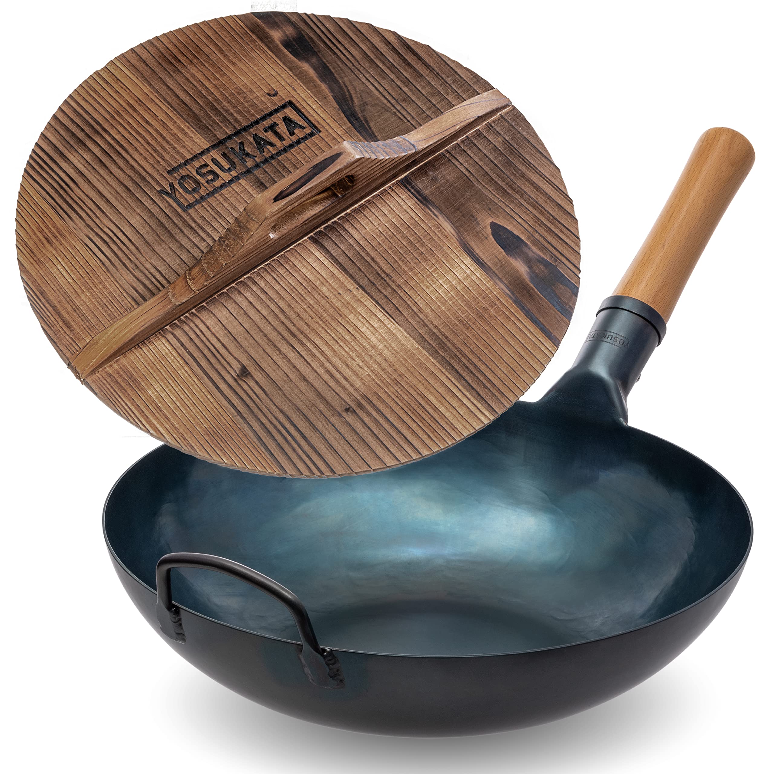 YOSUKATA Flat Bottom Wok Pan 13.5" + Premium Wok Cover 13,5 inch Pan Lid - Blue Carbon Steel Wok with Wooden Wok Lid 13,5 in with Ergonomic Handle