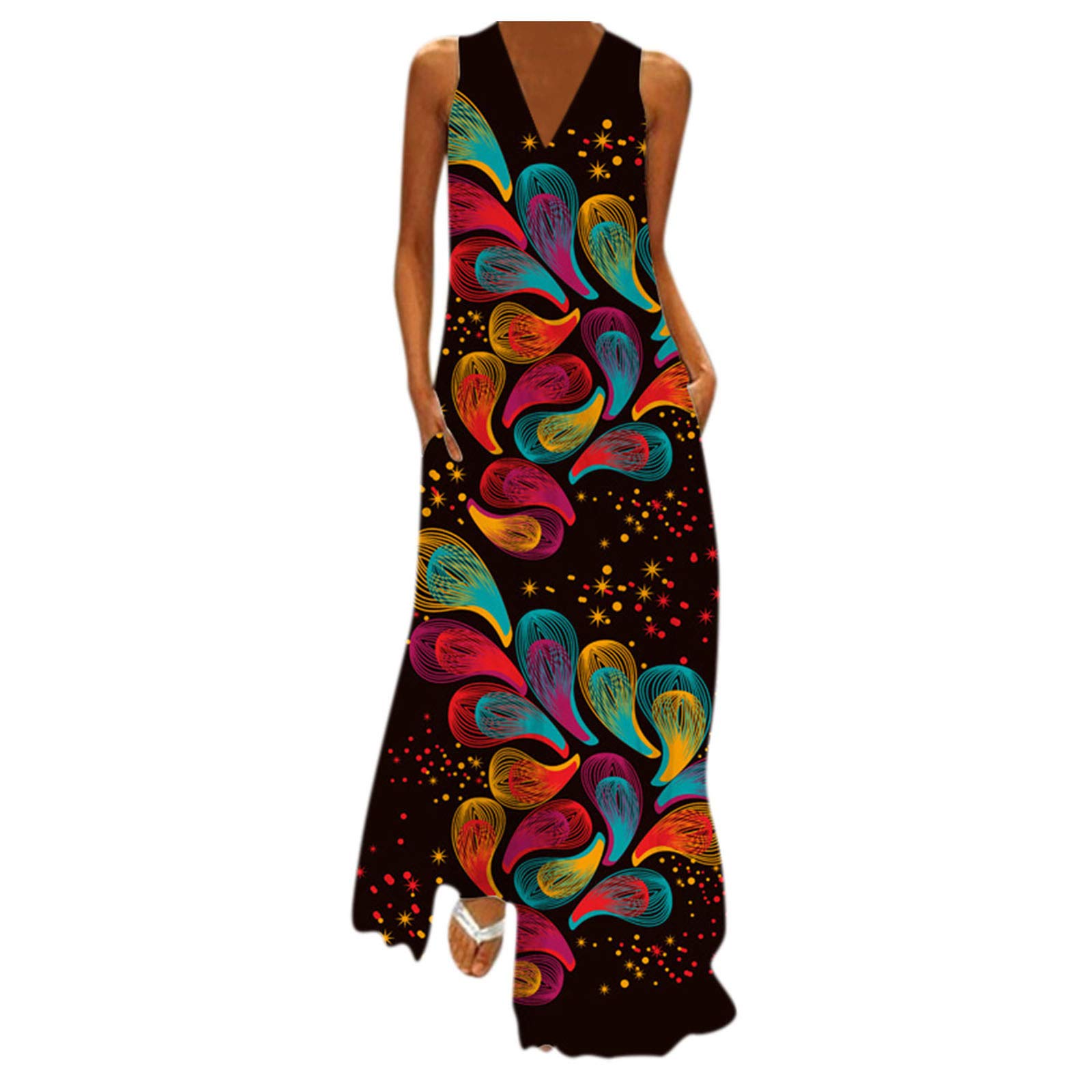 Women's Graphical Long Dress Sleeveless Floral Printing Maxi Dress Summer V Neck Party Dress Multicolor