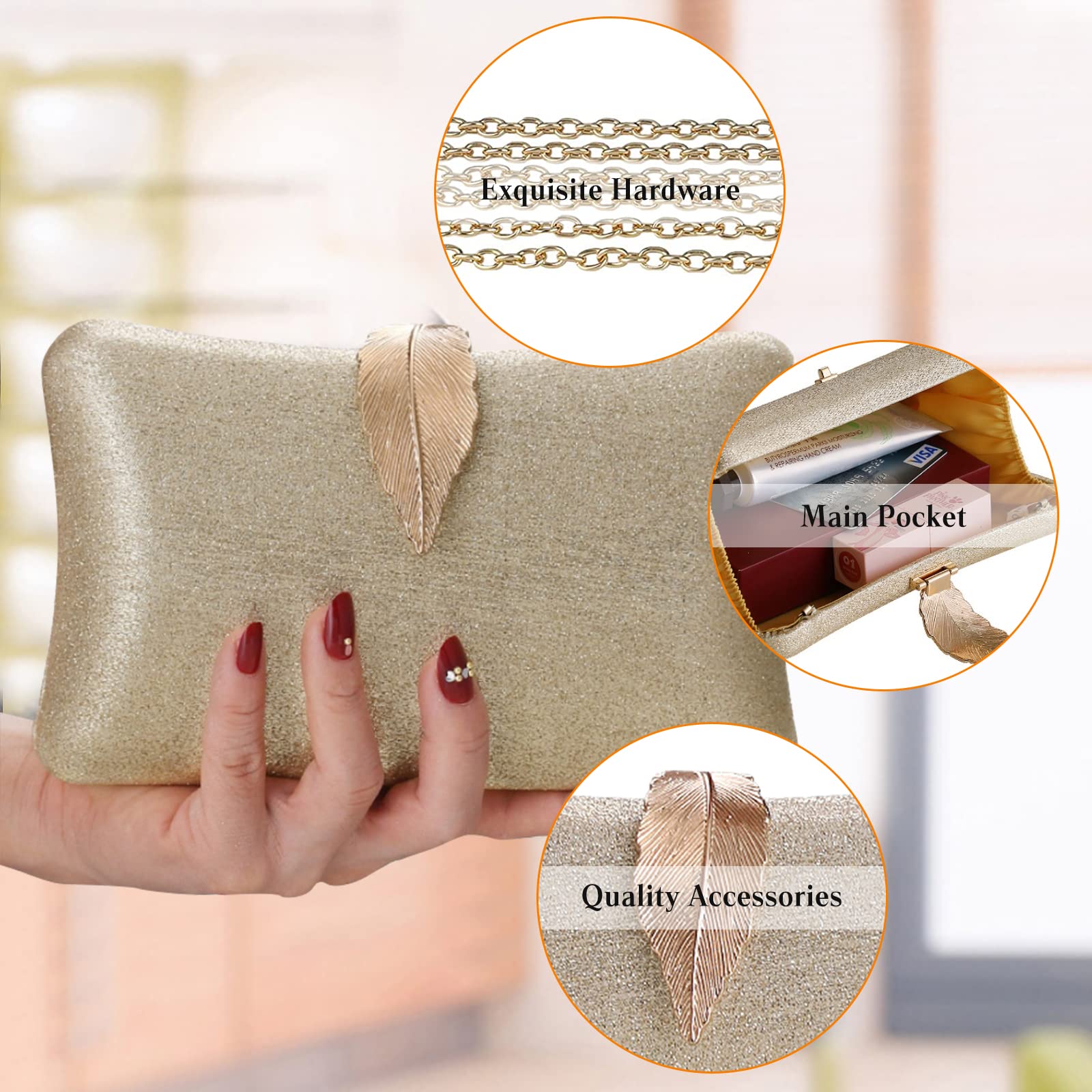 Women's Evening Bag Clutch Purse Sparkly Sequin Glitter Handbag Bridal Wedding Shoulder Bag Crossbody Bag with Leaf-style Flip Lock Messenger Bag for Wedding Cocktail Party Prom Gold