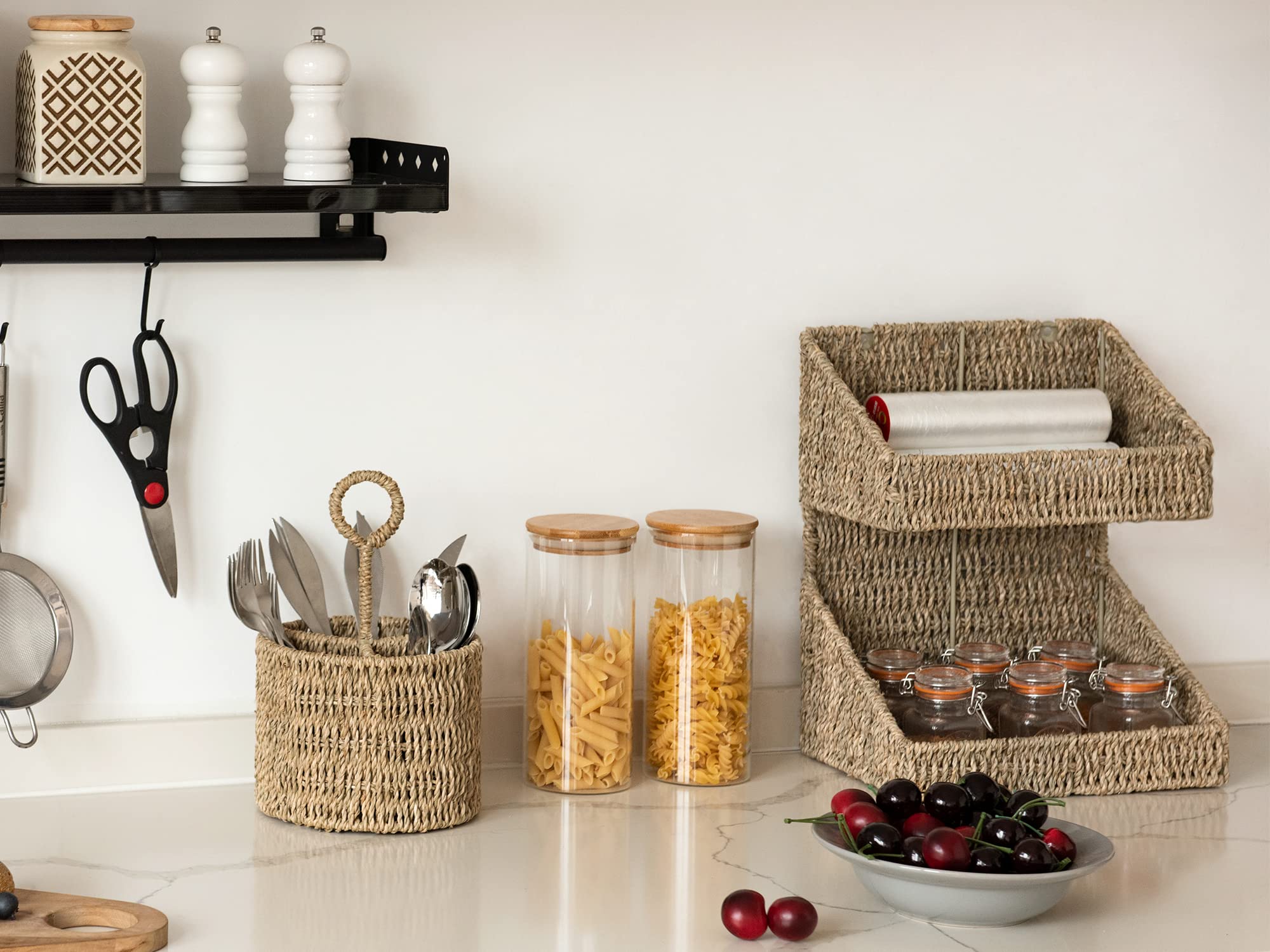 StorageWorks 2-tier Seagrass Basket, Handwoven Wicker Basket for Organizing, Kitchen Countertop Organizer, Wicker Storage Basket for Bathroom, Pantry, 1 Pack