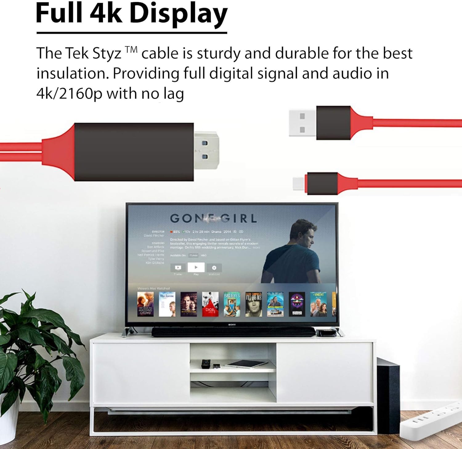 Tek Styz Powered USB-C 4k HDMI Cable Compatible with Motorola One Action Plus USB Charging at Max 2160p@60Hz, 6Ft/2M Cable [Red, Thunderbolt 3]