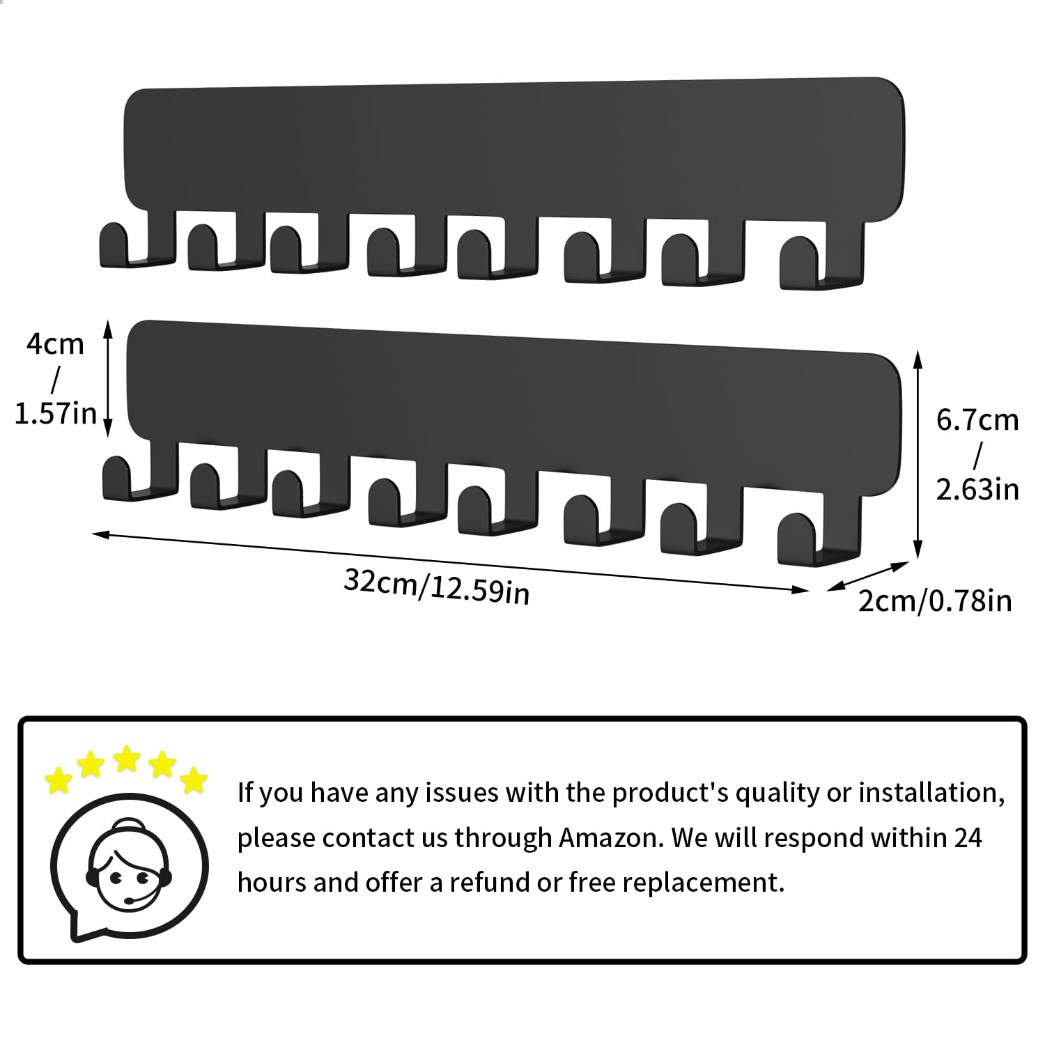 pickpiff 2 Pack Key Holder for Wall Adhesive, Key Hooks with 8 Hooks Wall Mounted, Black Key Hangers for Wall Decor No Drill for Living Room, Kitchen, Office