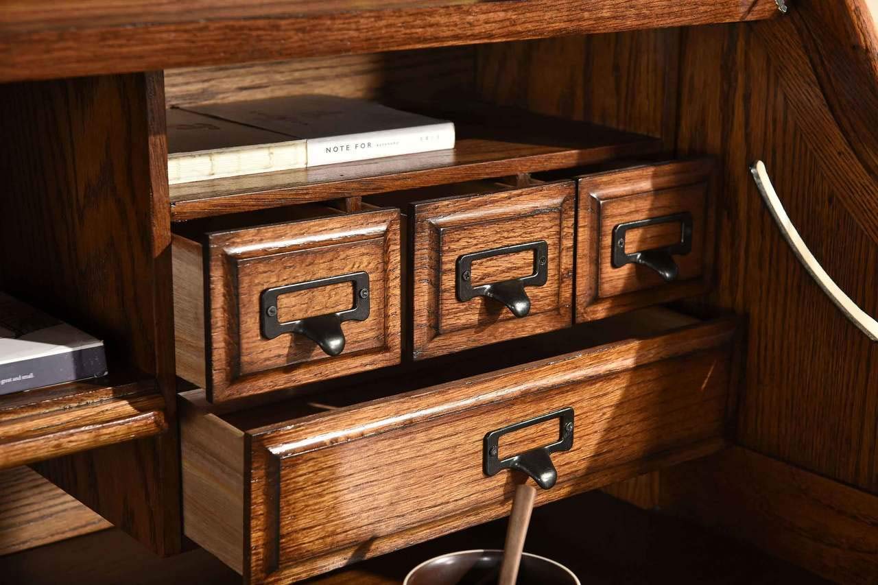 Roll Top Desk Solid Oak Wood - Executive Oak Desk 54"x24"x45" Home Office Secretary Organizer Roll Hutch Top Easy Assembly Quality Crafted Construction Locking File Drawers Dovetailed