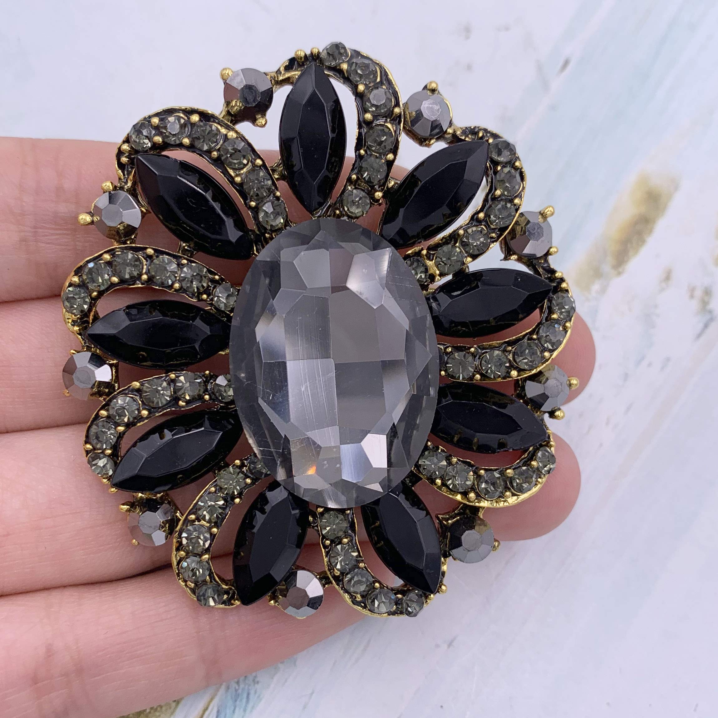 SELOVO Color Black Brooch Pin Marquise Flower Dress Accessory Gold Tone