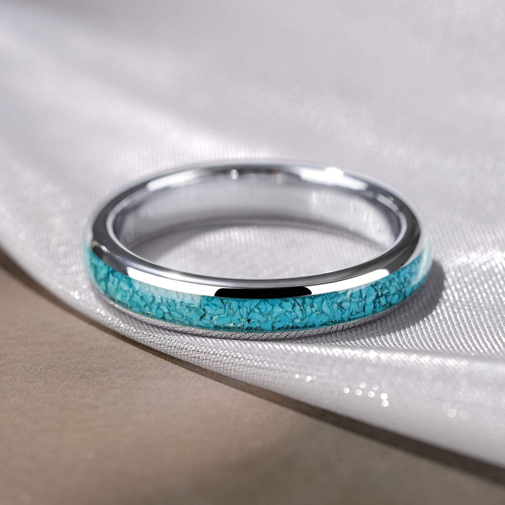 THREE KEYS JEWELRY Women Wedding Bands 4mm Tungsten Viking Carbide Created-turquoise Granules Ring with Jewels Flat Polished Infinity Unique for Her Silver Size 8