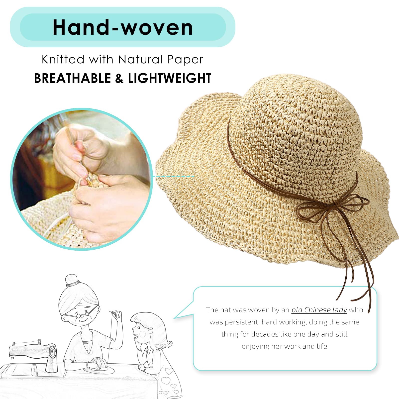 Women's Foldable Straw Sun Hat Wide Brim UPF 50+ Crochet Summer Floppy Beach Hat Beige