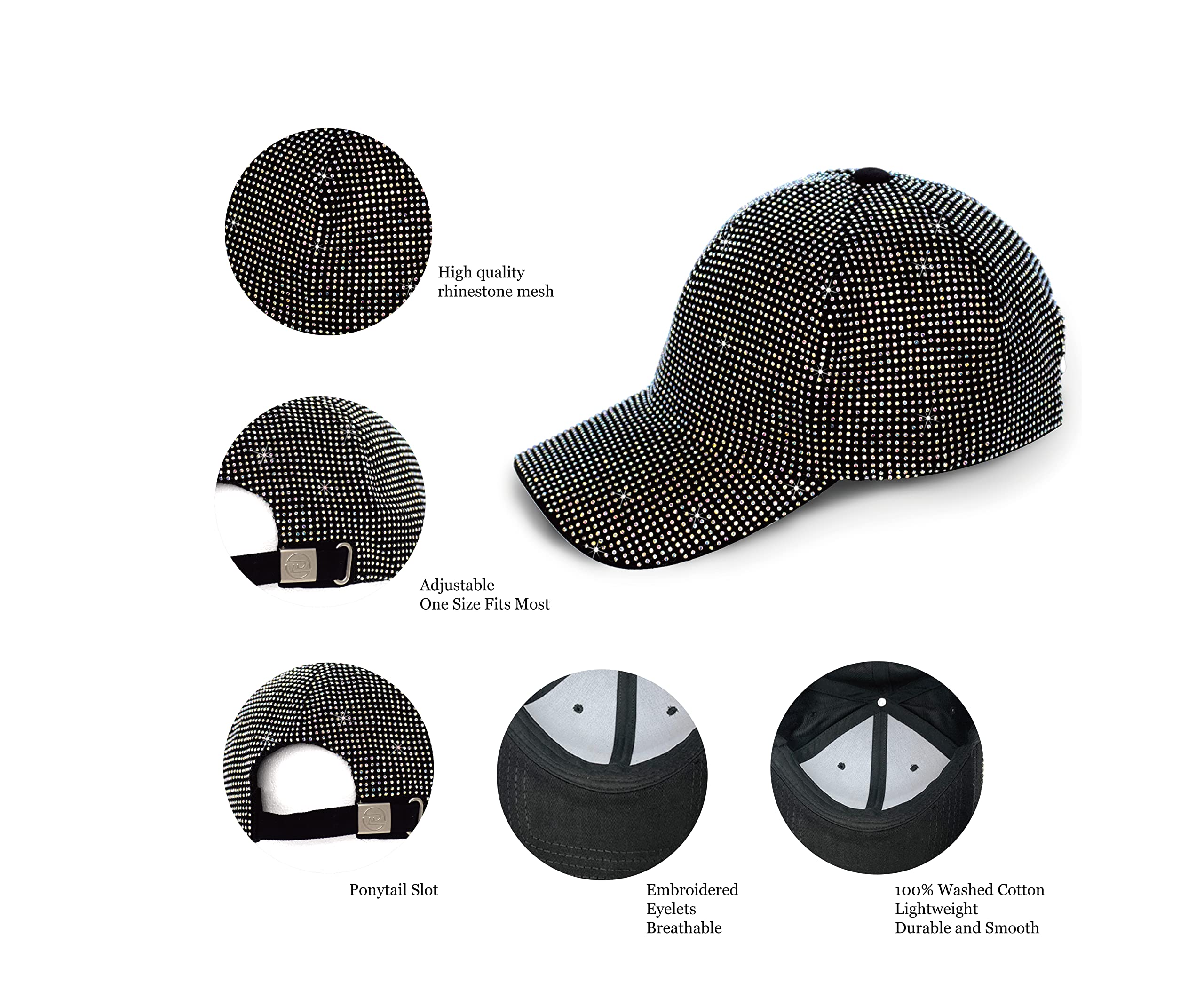 Wayideal Full Rhinestone Adjustable Baseball Hats-Parent/Women Baseball Caps/Adjustable Breathable Bling Sun Hat for Sport Golf/Sunbonnet (Black+Multicolor)