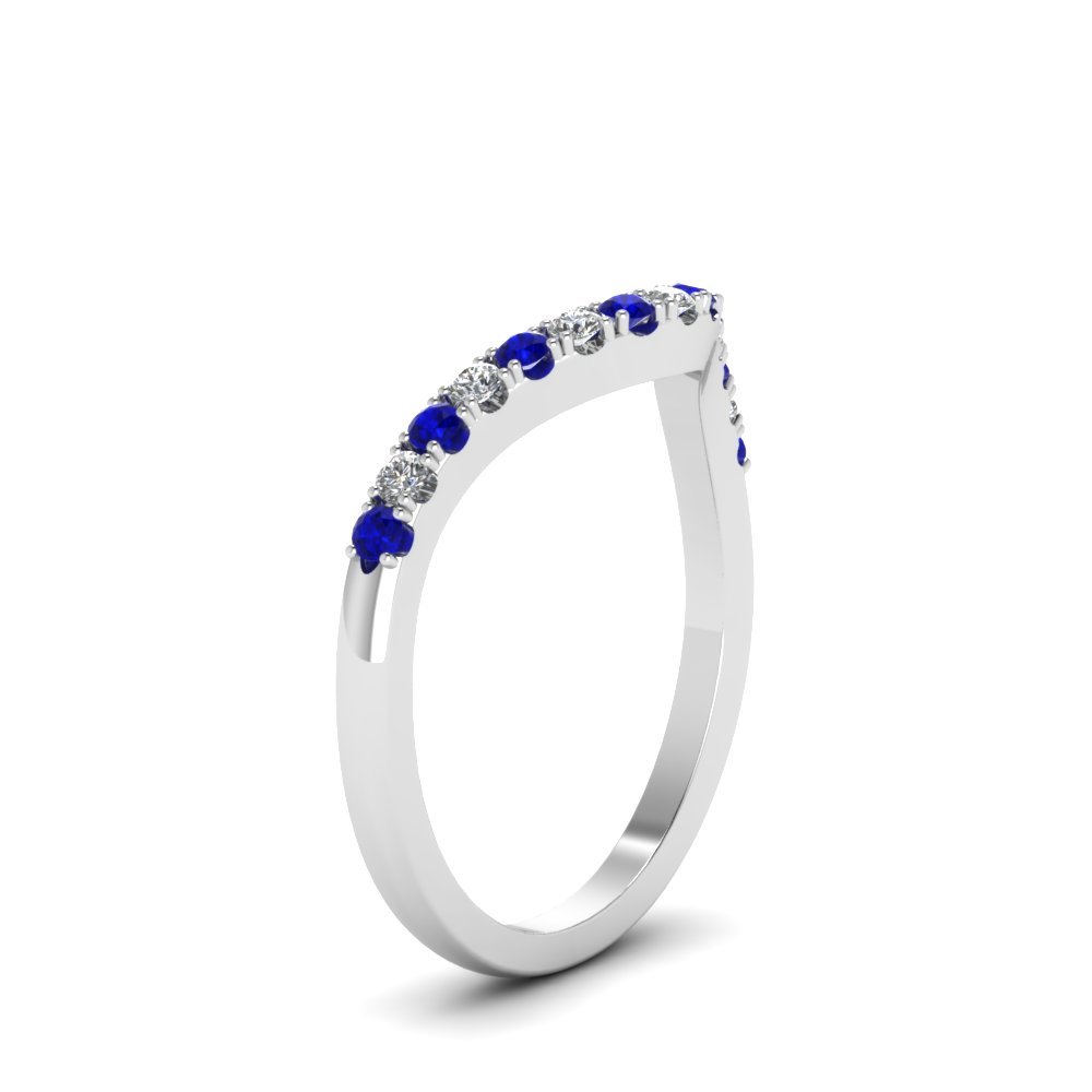 tusakha Blue Sapphire & White CZ 18k White Gold Over .925 Sterling Silver Curved Engagement Wedding Band Ring For Womens