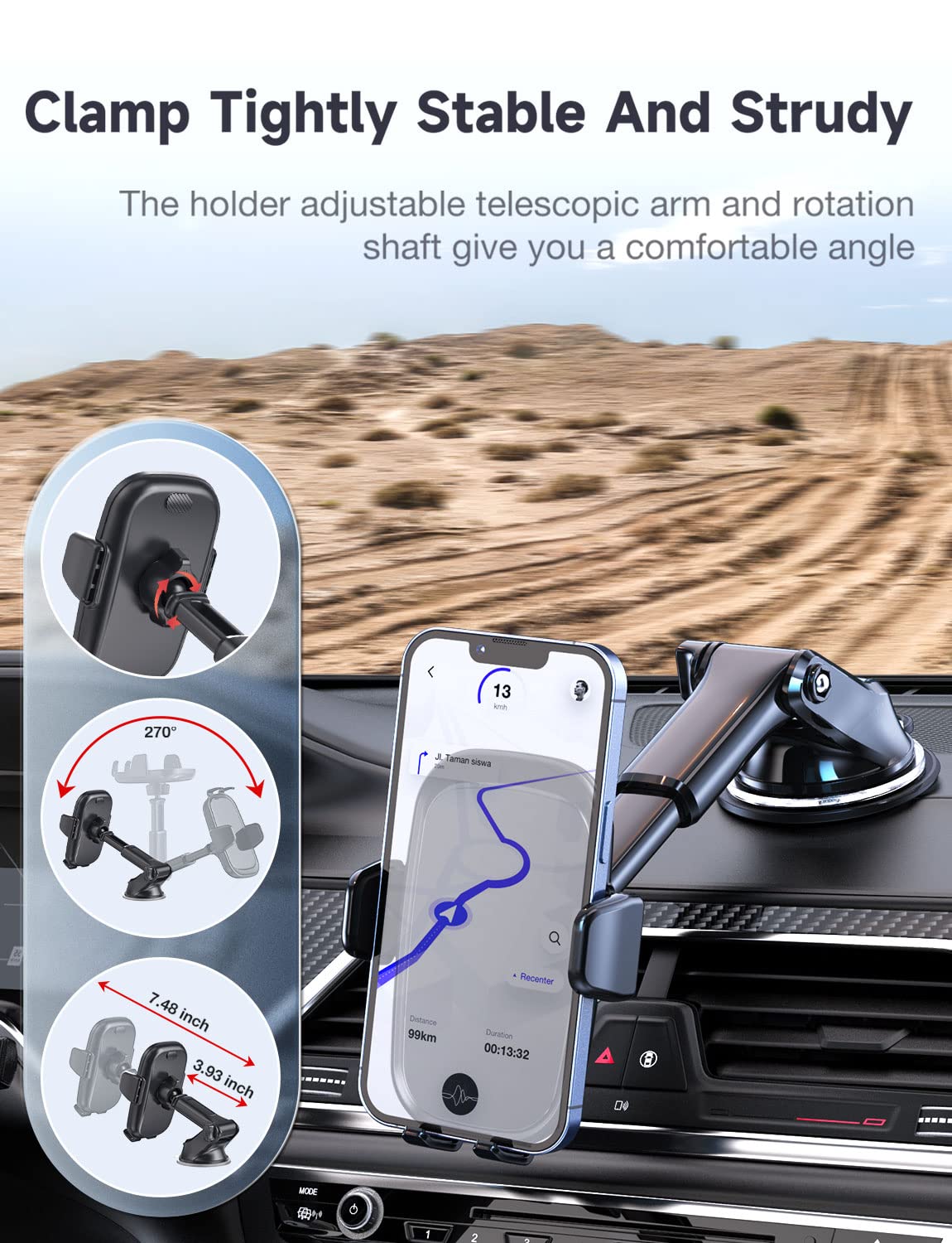 SMORFIT Phone-Mount, Dashboard/Windshield/Window Universal Suction Cup Cell Phone/iPhone Holder with Sticky Pad for Car/Truck, Mobile Phone Telescopic Arm Mount Handsfree Stand