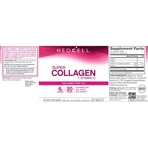 NeoCell Super Collagen Plus Vitamin C, Skin, Hair and Nails Supplement, Includes Antioxidants, Tablet, 120 Count, 1 Bottle