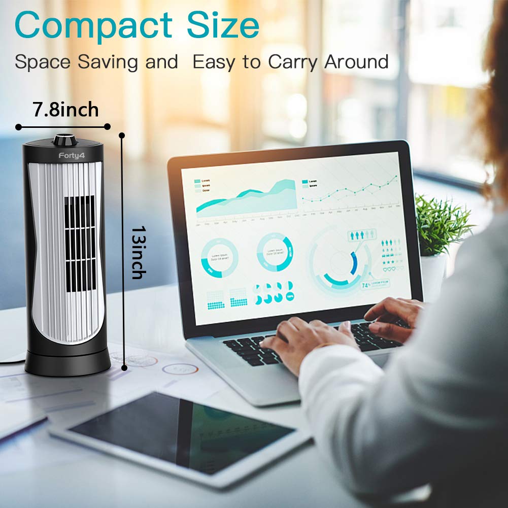Small Tower Fan, 13 inch Electric Oscillating Desk Fan, 2 Settings, Equipped with Turbine Technology, Compact, Personal Rotating Standing Fan for Office Tabletop Home Nightstand