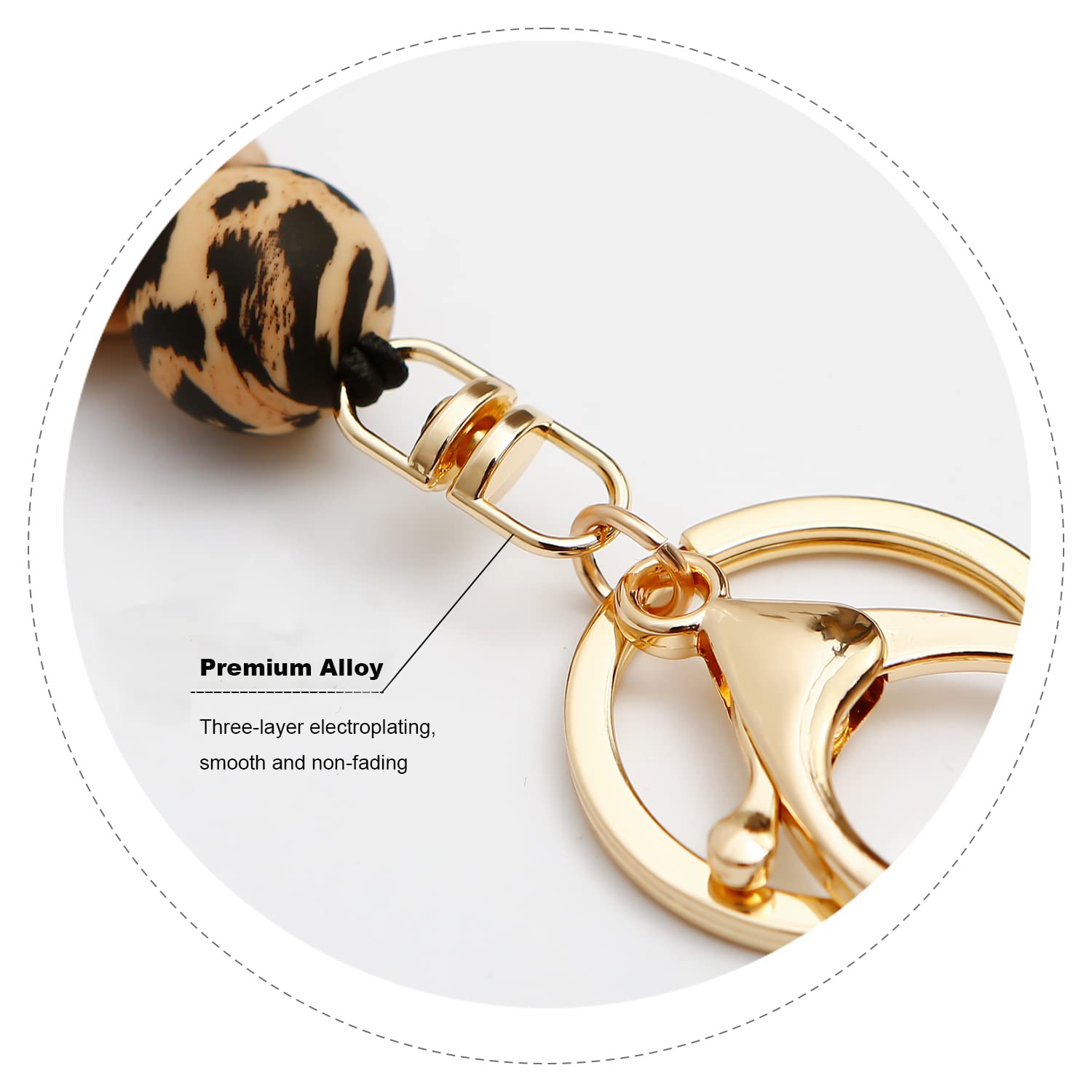 Wristlet Keychain Bracelet Silicone Beaded Key Ring Bracelet with Wooden bead Bangle Car Key Chains(Leopard Black)