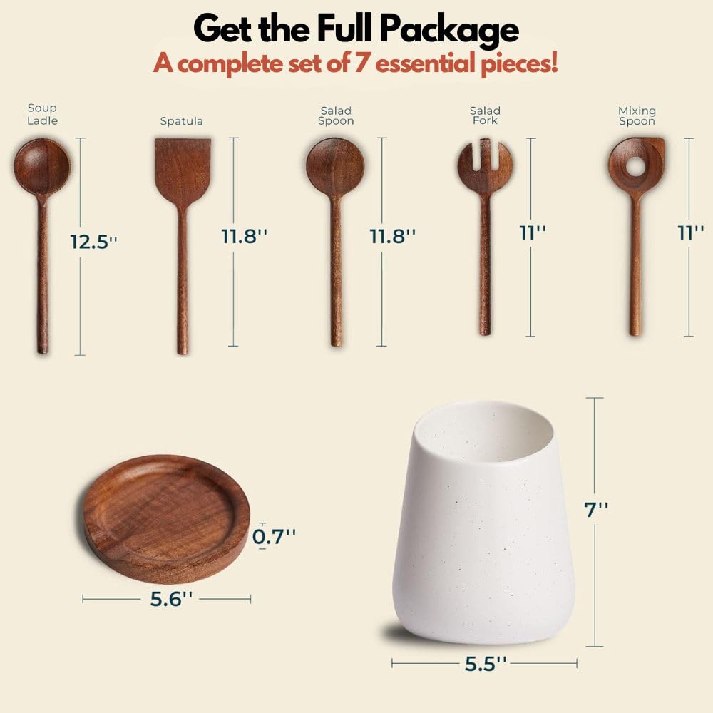 Premium Wooden Spoons for Cooking with Holder and Spoon Rest by Ziruma