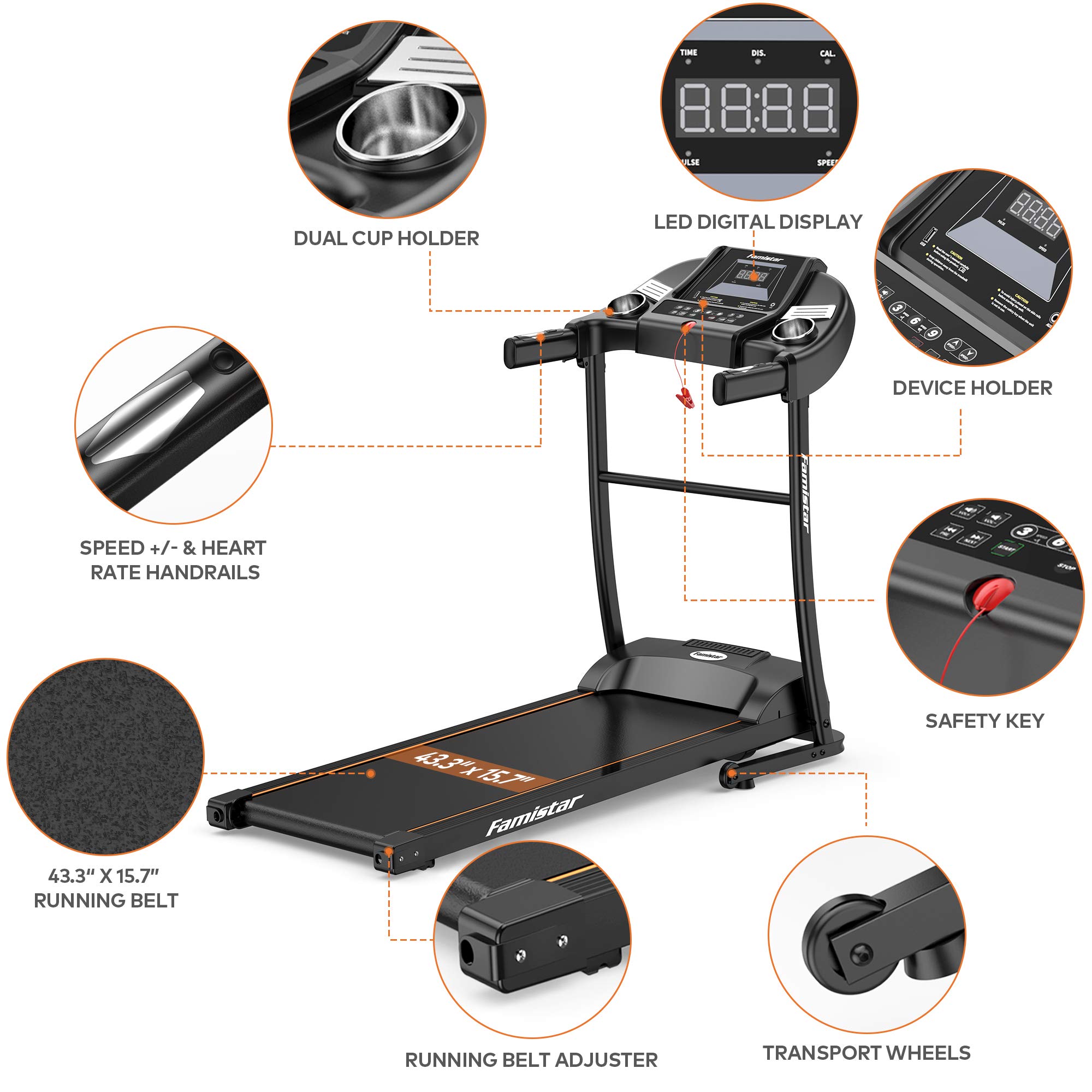 Portable Electric Folding Treadmill, Famistar Motorized Running Jogging Machine with LED Display, Rolling Wheels, Built-in MP3 Speaker, 12+3 Modes Fits All Family Home Workout