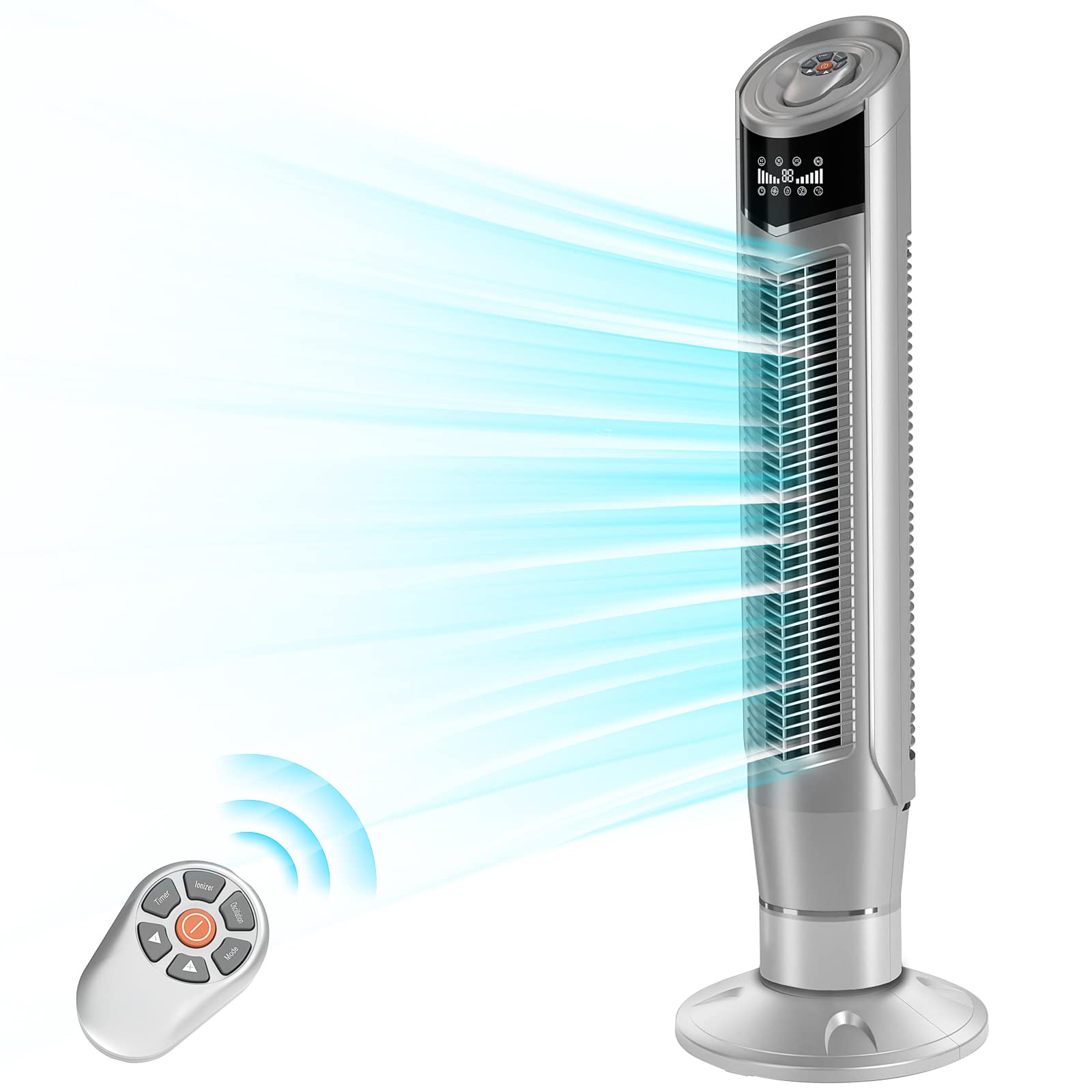 R.W.FLAME Tower Fan, 360° Oscillating Standing Fan Room Fan Portable Bladeless Quiet Floor Fan with Remote, 8 Speeds, 3 Modes, 24H Timer for Bedroom and Home Office Use (47-inch, SILVER)