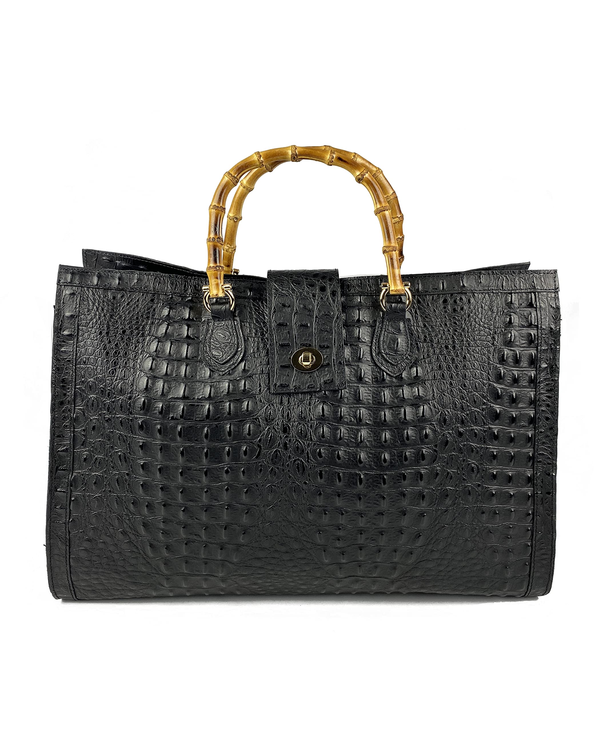 Women's handbag made of Italian genuine leather with alligator print., Black