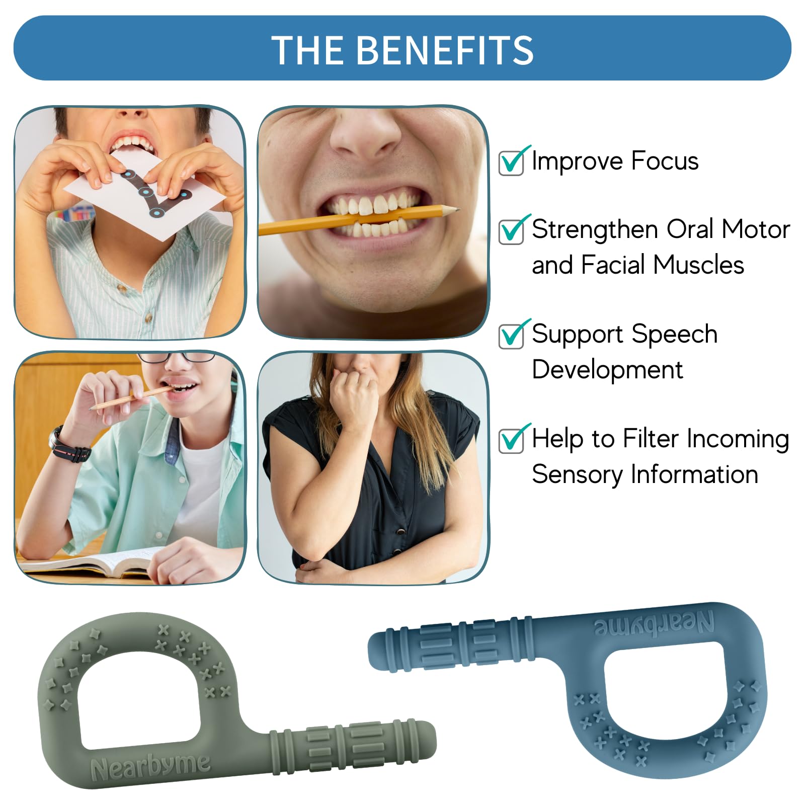 Sensory Oral Motor Chew Tool, P Shape Sensory Chew Toy, 3 Pack Silicone Chewing Sticks for Autistic Chewers, ADHD, Baby Nursing or Special Needs (A)