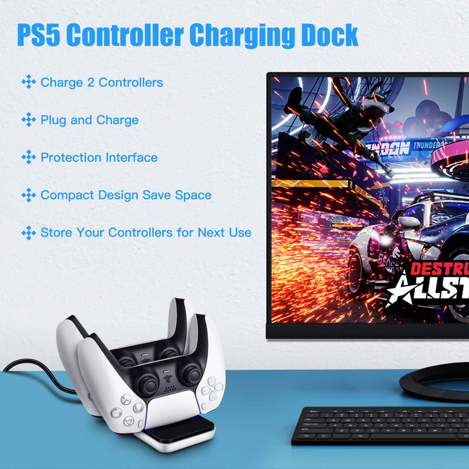 SUNKY Charging Dock for PS5 Controller, Wireless Charging Dock Station for Sony PS5 DualSense Controllers, Detachable Dual USB C Fast Charging Stand for Two DualSense Playstation 5 Controllers
