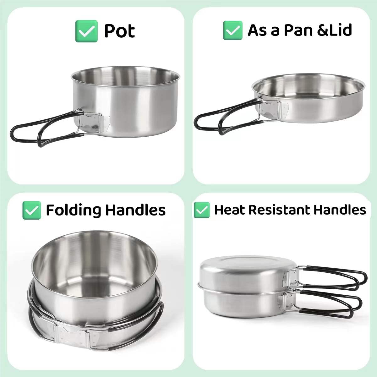 Wsaikis Stainless Steel Lunch Box Camping Cookware, Compact Mess Kit, Pot and Frying Pan with Folding Handle & Portable Mesh Bag Cooking Set for Picnic,Camping,Hiking