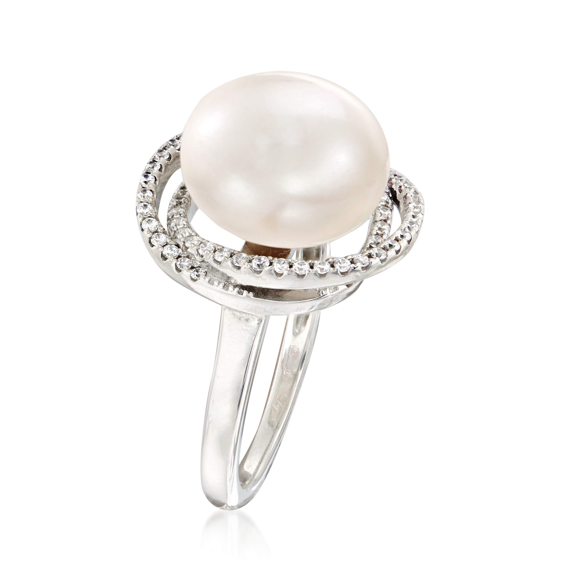 Ross-Simons Italian 12mm Cultured Pearl and .78 ct. t.w. CZ Ring in Sterling Silver. Size 6