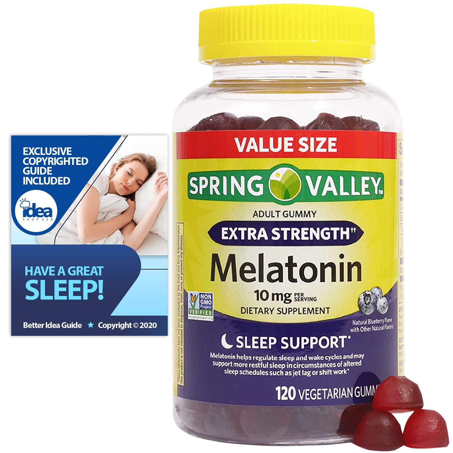 Spring Valley Vegetarian Melatonin Gummies, 10 mg, 120 ct - Extra Strength | 1 Pack 120 ct + “Have a Great Sleep - Better Idea Guide©”