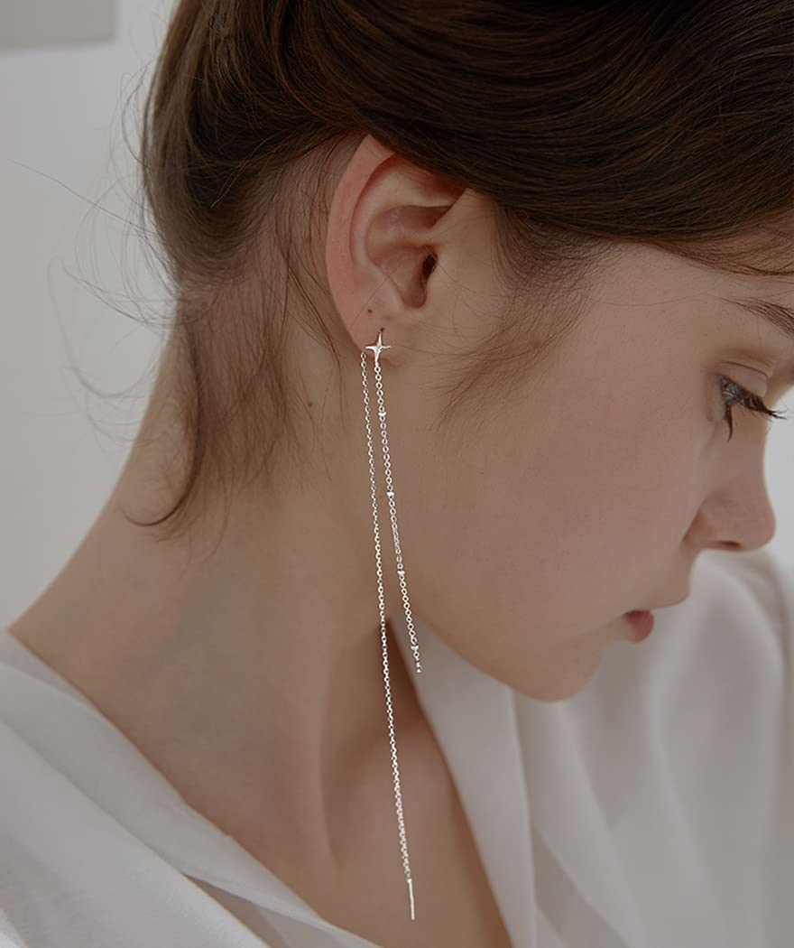 SLUYNZ 925 Sterling Silver Star Long Dangle Earrings Chain for Women Teen Girls Line Dangle Earrings Tassel Threader Chain (A-Silver)