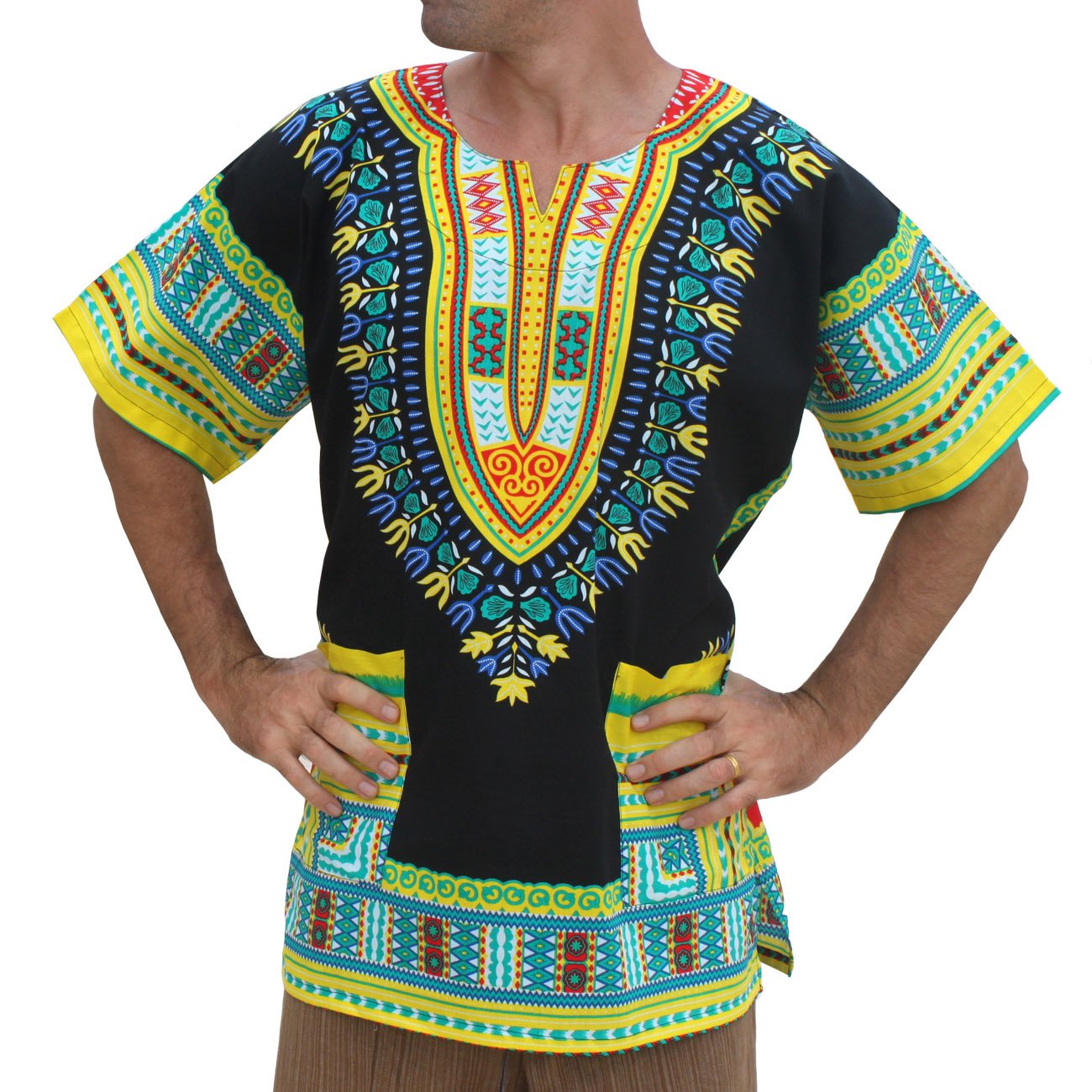 RaanPahMuang Brand Unisex Bright African Black Dashiki Cotton Shirt #24 (Large)