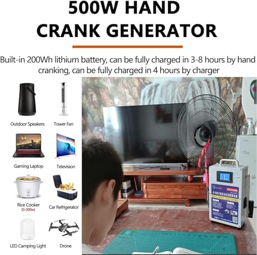 Portable Hand Crank Generator, 500W Small Outdoor Generator, Emergency Power Supply with USB Plug AC/ 46800mAh Charging for Phones Laptops, for Outdoor Camping,