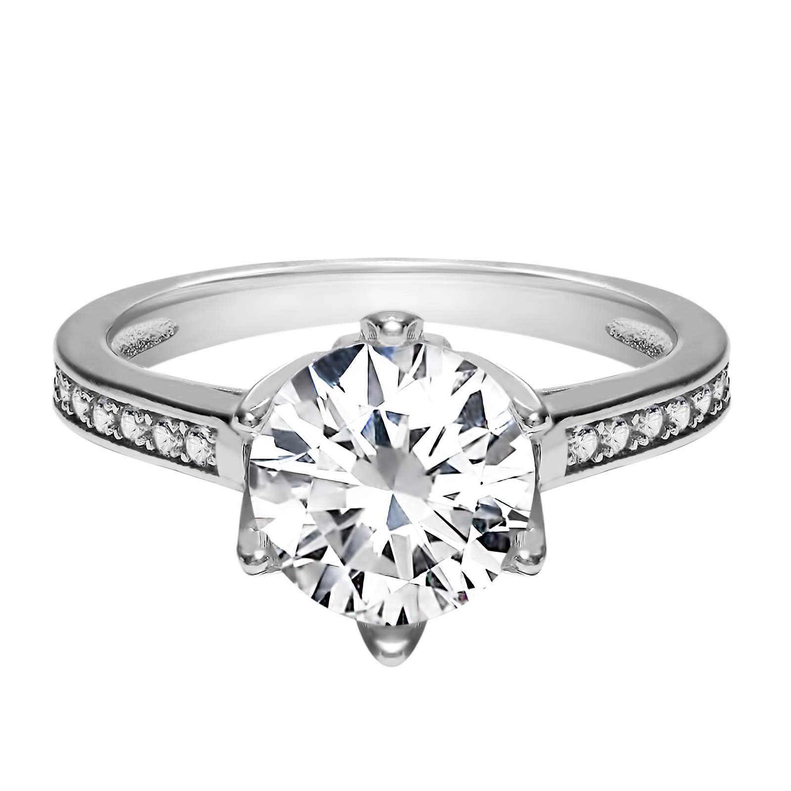 TwoBirch 18k White Gold Plated Sterling Silver Round Tulip Setting Cubic Zirconia Engagement Ring with Accent Side Stones (Size 8)