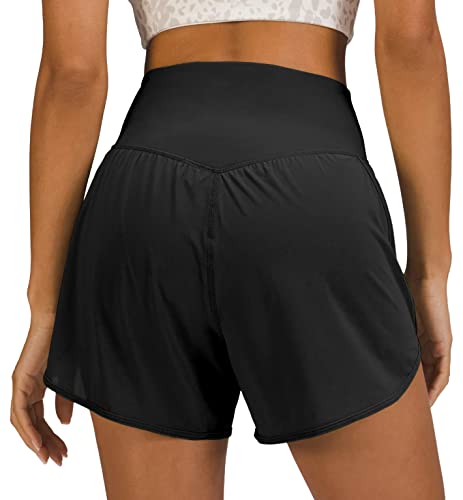 Women's High Waisted Yoga Shorts Mesh Elastic Waist Running Athletic Workout Quick Dry Shorts Black
