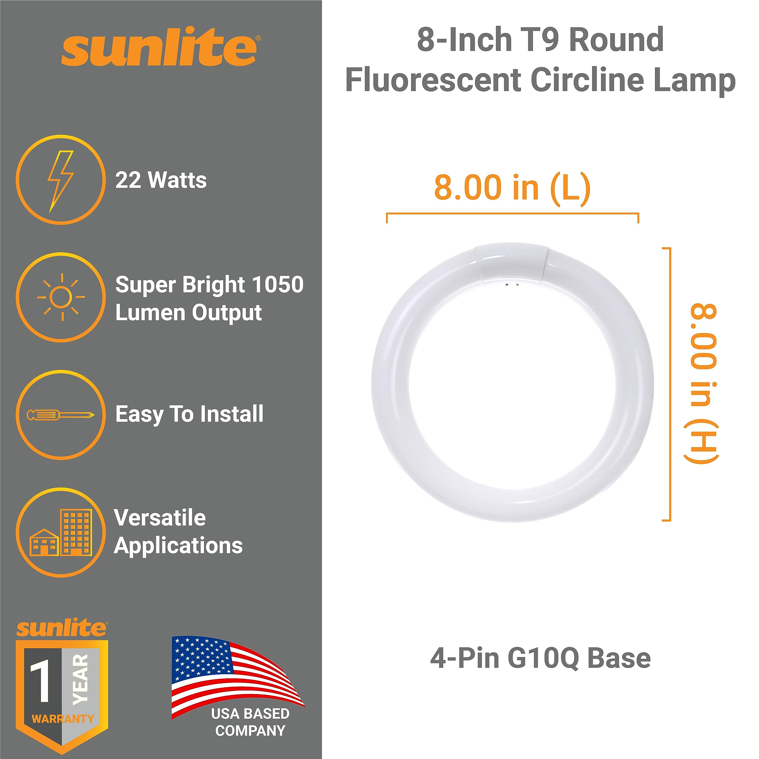 Sunlite 41314 FC8T9/DL 8-Inch T9 Round Fluorescent Circline Lamp, 22 Watts, 1050 Lumens, 6500K Daylight, G10Q 4-Pin Base, 1 Pack