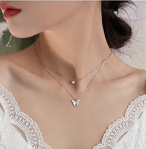SLUYNZ 925 Sterling Silver CZ Butterfly Choker Necklace for Women Butterfly Layered Necklace Chain (A-Silver)