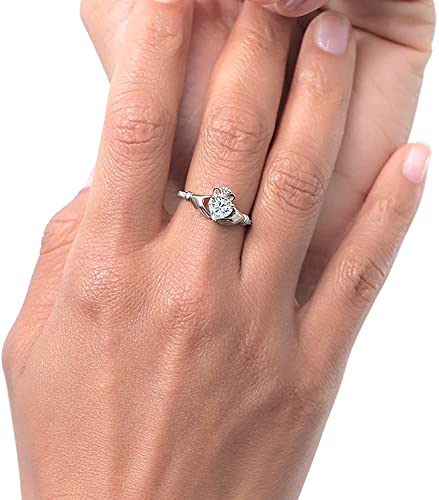 VINSON 14K White Gold Plated Silver Created Solitaire Irish Celtic Claddagh Ring Forever Brilliant Heart Shape 0.80cttw Moissanite (8.5)