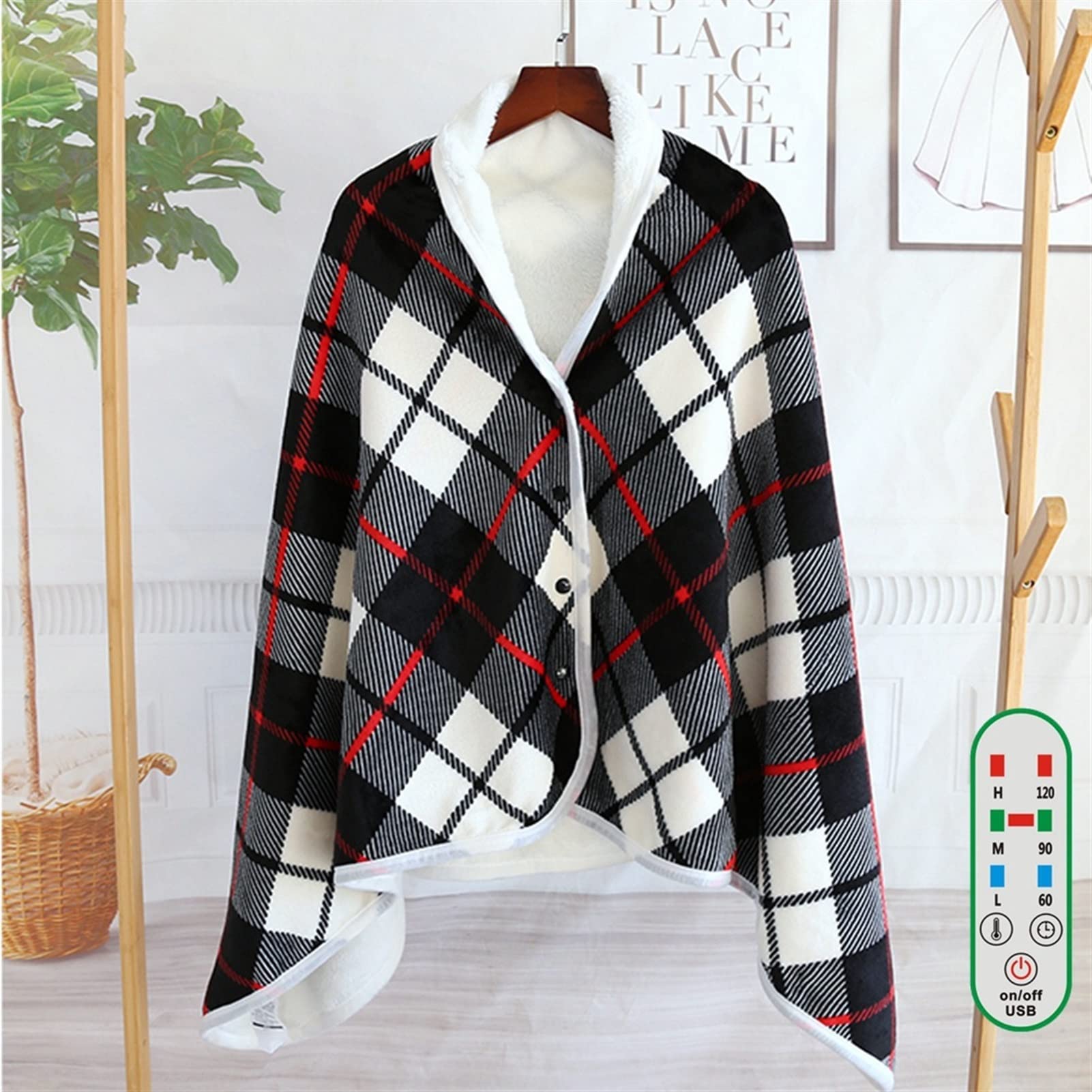 USB Heated Shawl Wrap Electric Heating Shawl Soft Flannel Throw Blanket Warm Winter Heated Cape Lap Blanket for Office Home Shoulder Neck Pain Relief ( Color : Black+Red+White , Size : 140*80cm )