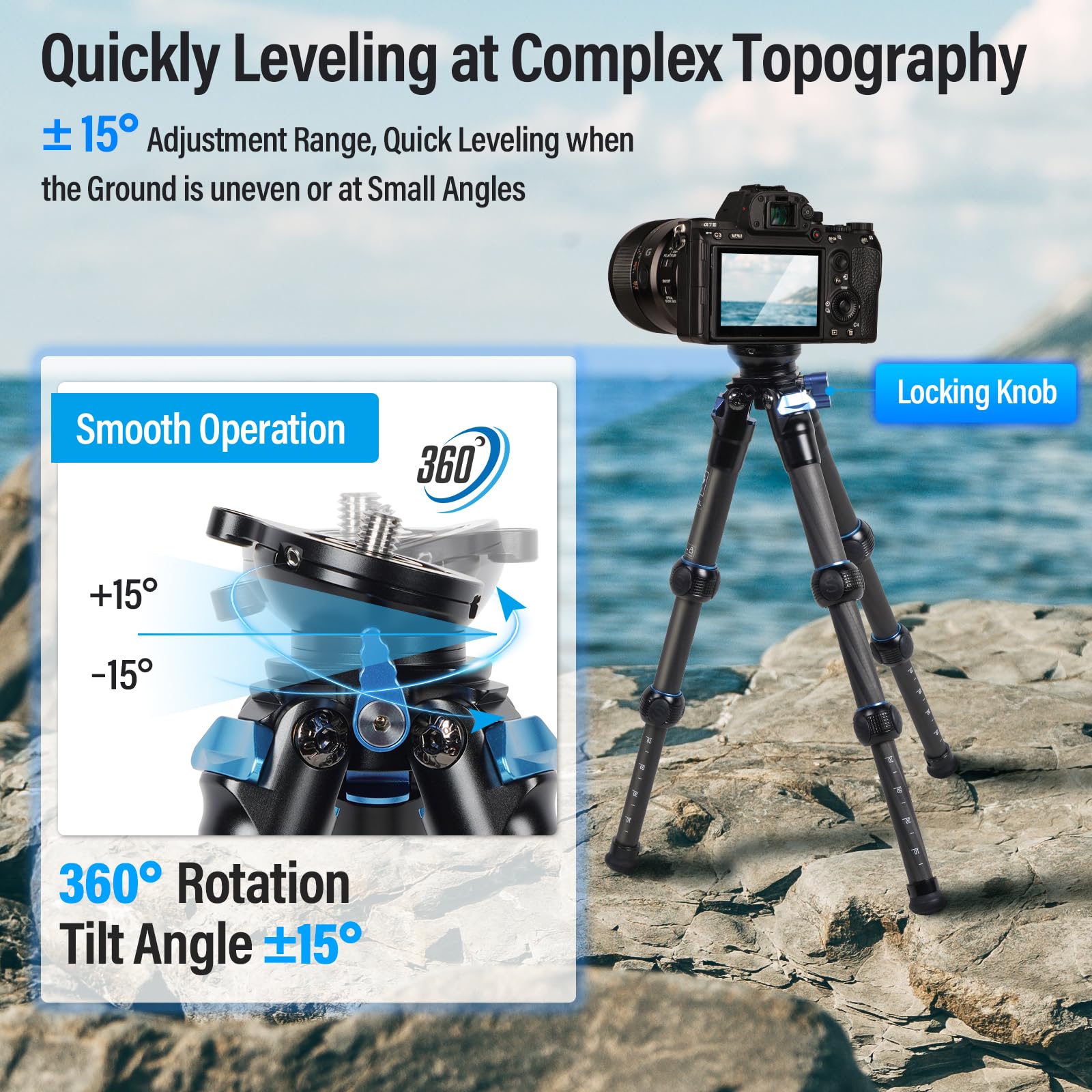 SIRUI AM223L Travel Video Tripod with Leveling Base, Mini Carbon Fiber Desktop Tripod for DSLR Camera Video Camcorder, Max Load 33lbs, Max Height 14.2"